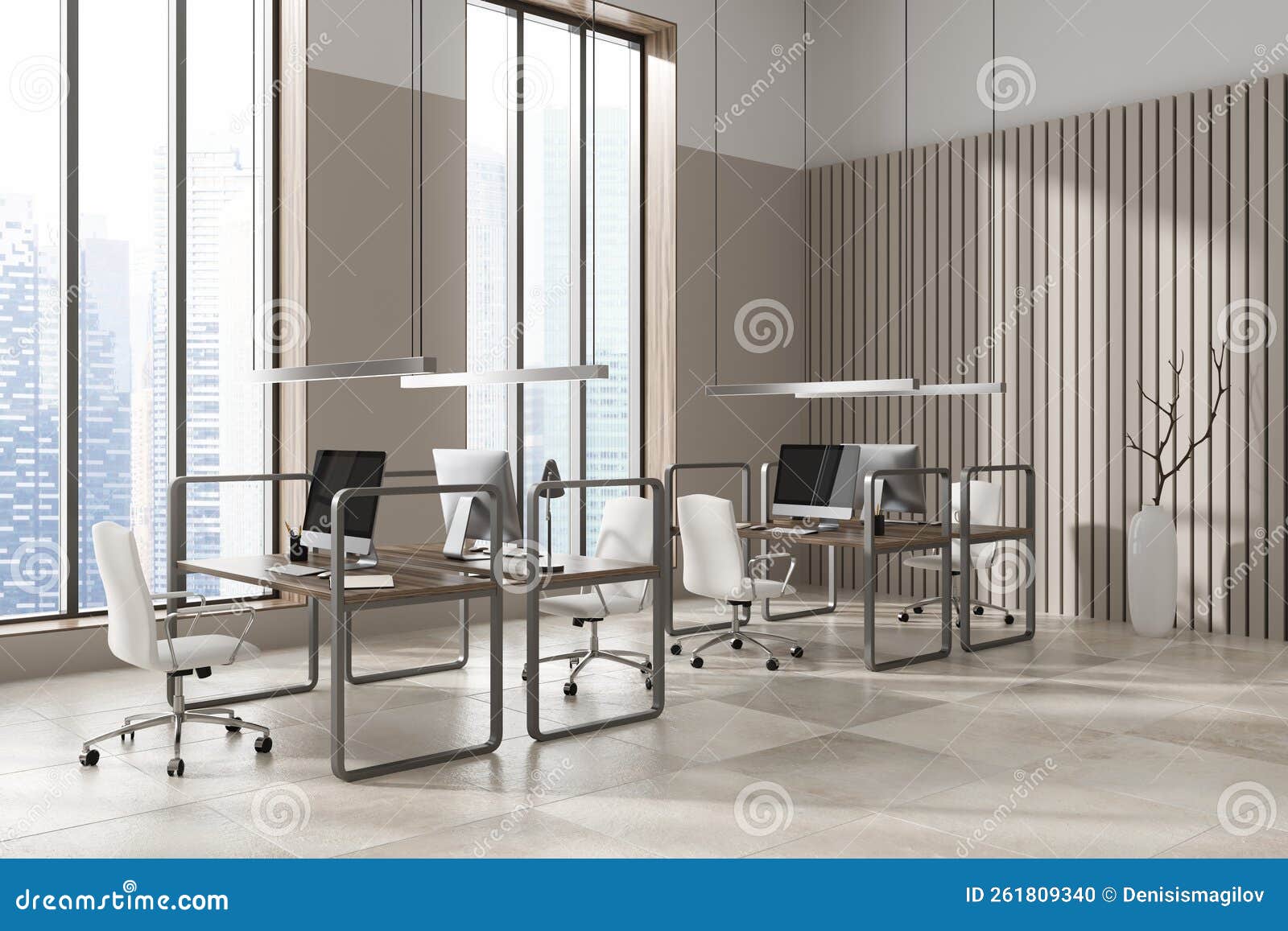 Light Office Interior with Desk and Computers, Panoramic Window on ...