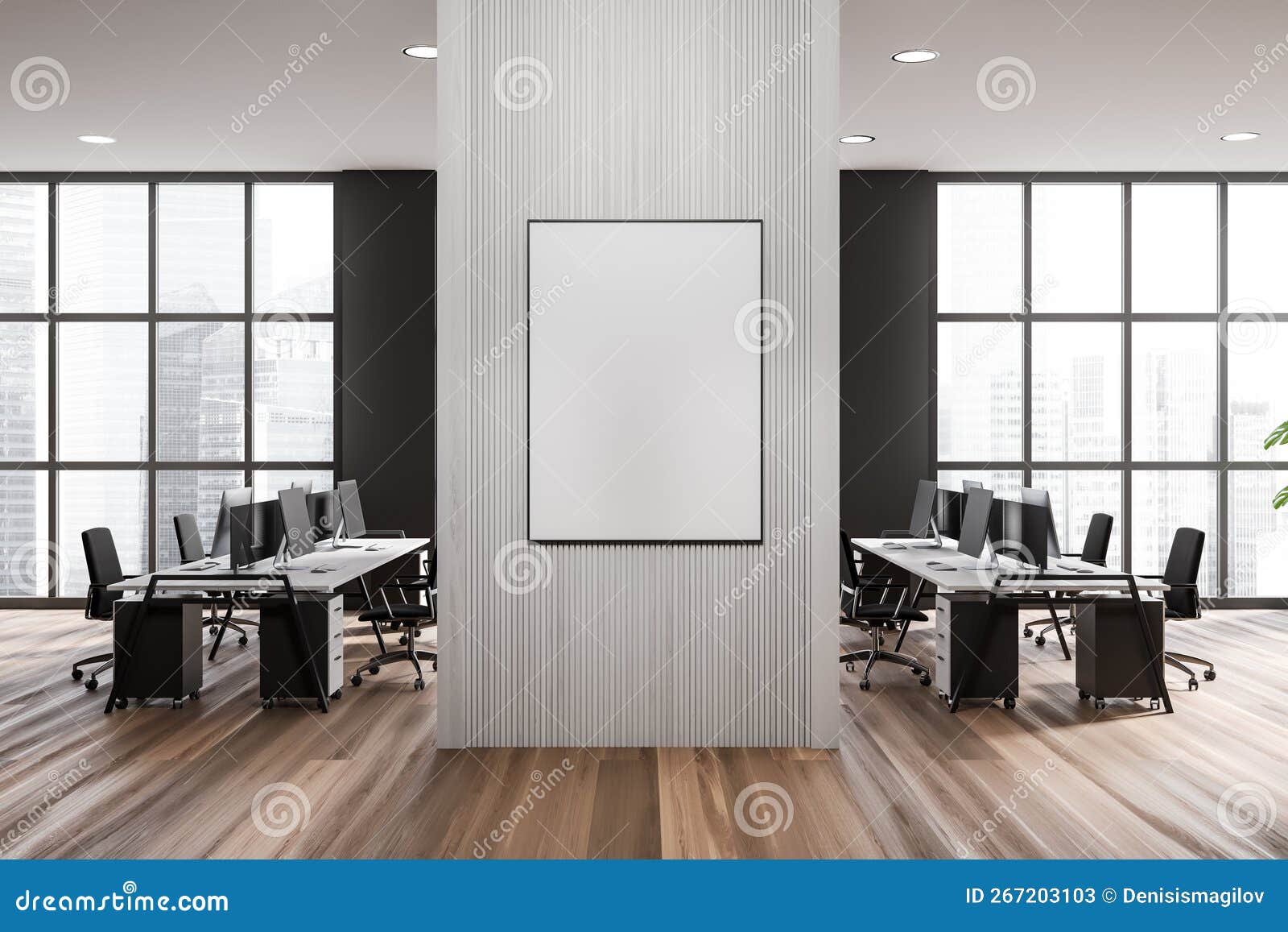 Light Office Interior with Pc Computer Near Panoramic Window. Mockup ...