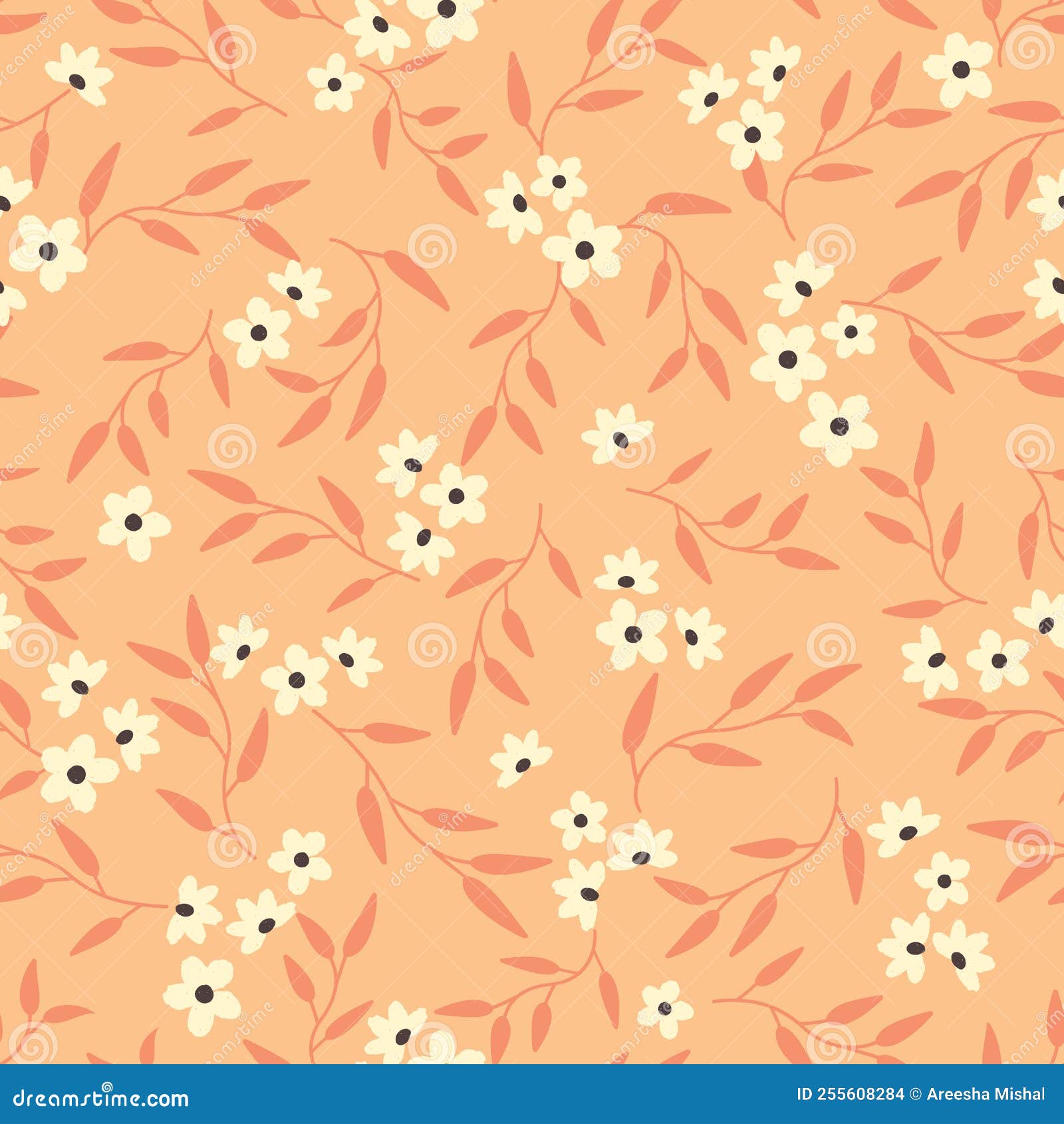 Light Orange Retro Pattern with Tiny Hand Drawn Flowers and Leaves ...