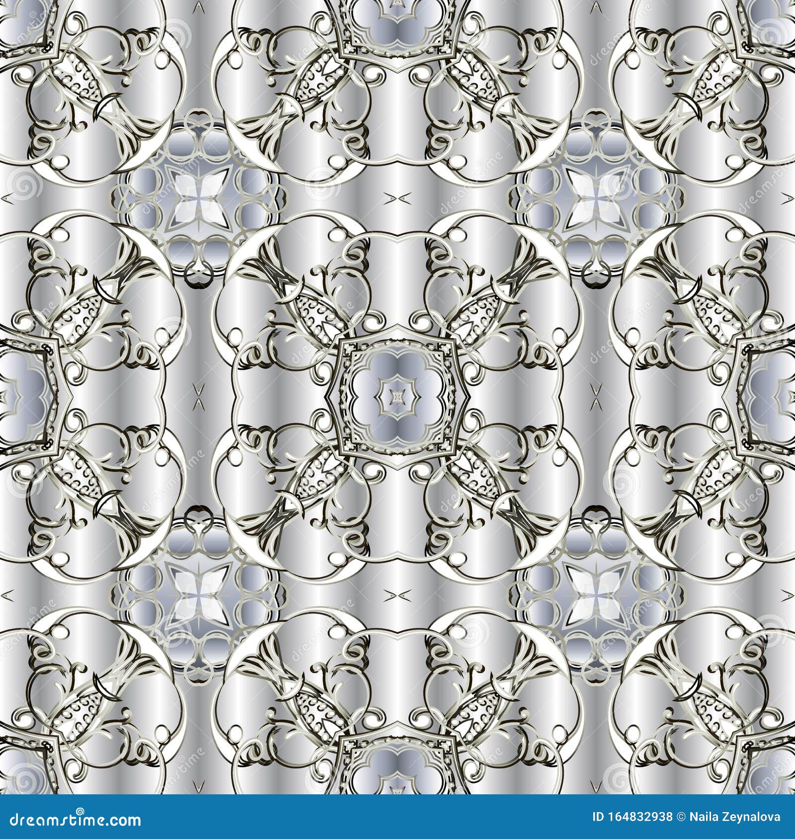 Light Ornamental Floral Vector Seamless Pattern. White Surface Drapery Background. Repeat Silver ...
