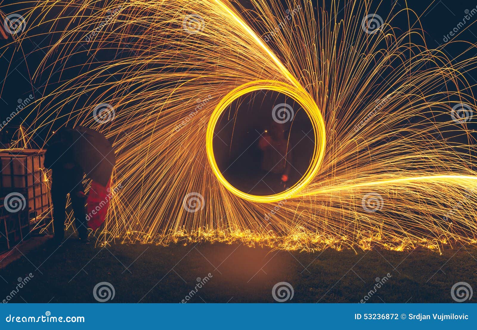 Light Painting with Fire Circles and Umbrella Stock Photo - Image of ...