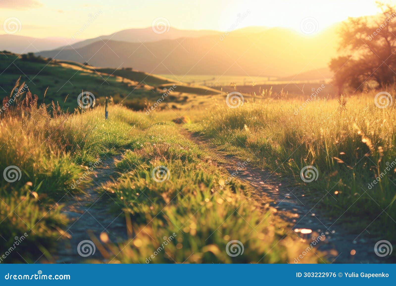 Light Path Across the Grass Landscape at Sunset Light Stock Photo ...
