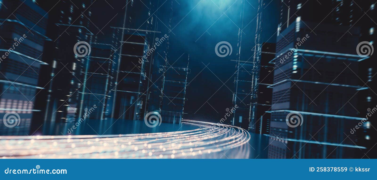 Light Path Trail Running through Digital Sci-fi Hologram Buildings in ...