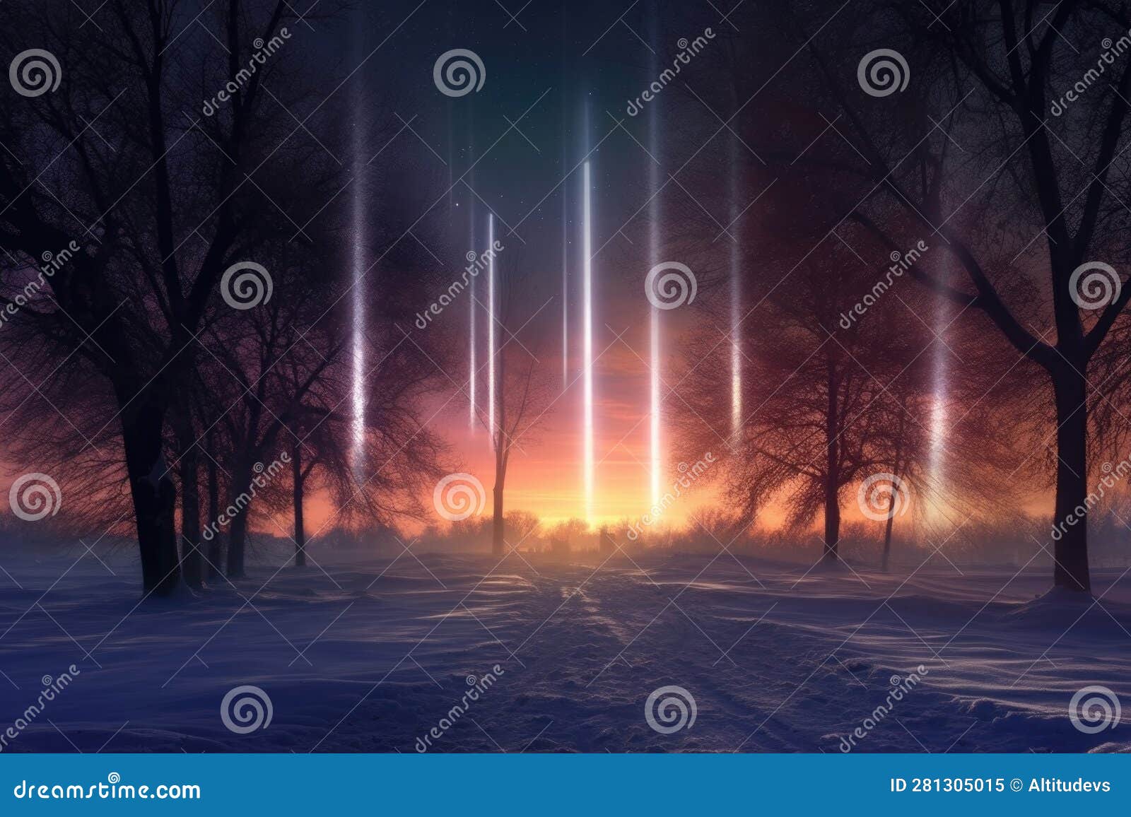 Light Pillars Creating a Magical Winter Landscape Stock Illustration ...