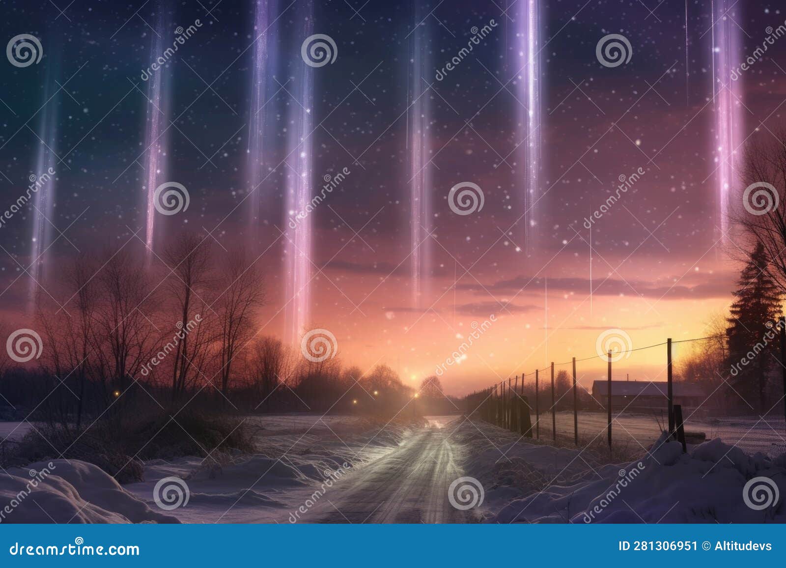 Light Pillars Creating a Magical Winter Landscape Stock Illustration ...