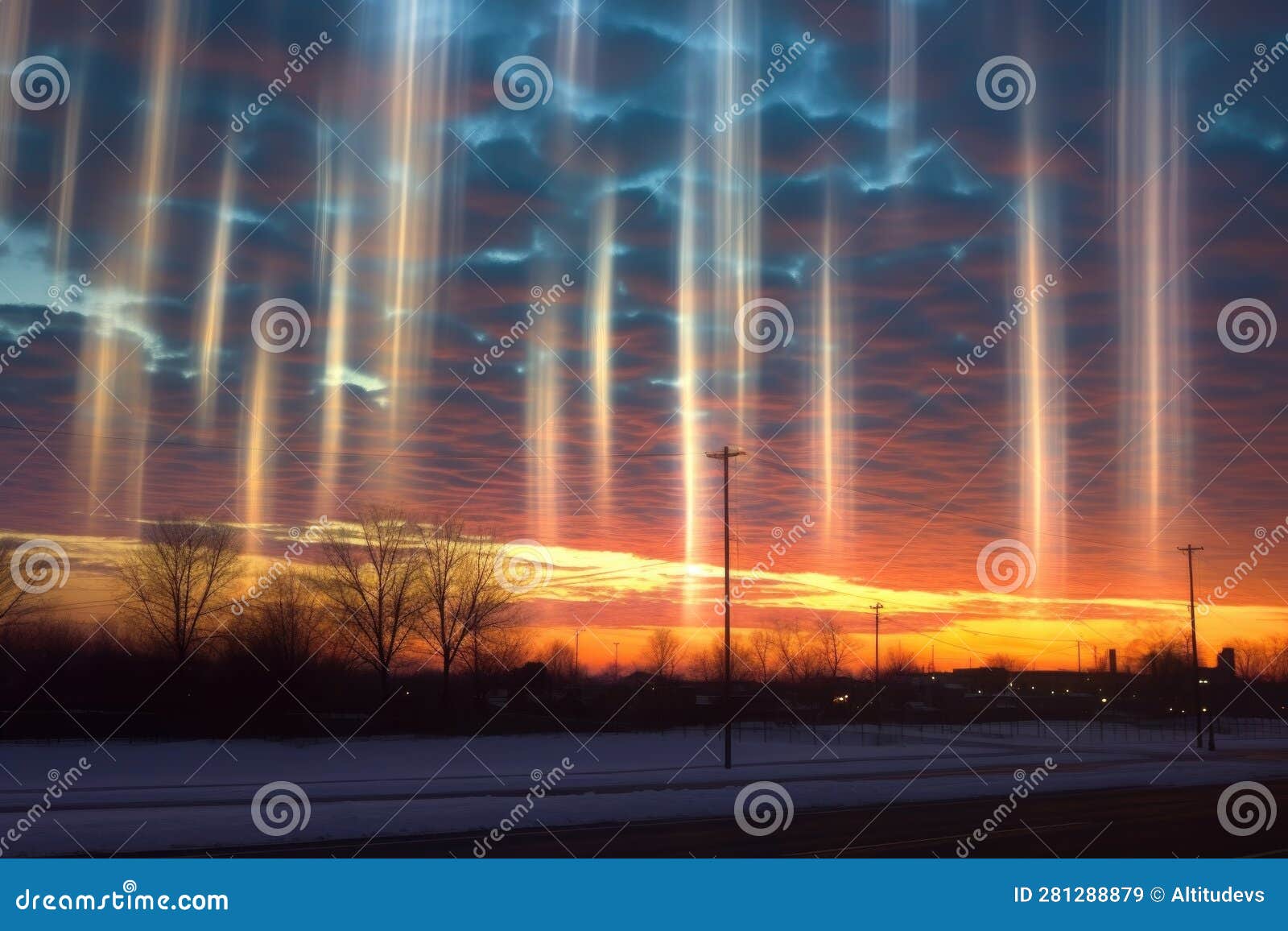 Light Pillars Creating Mesmerizing Patterns in Clouds Stock Image ...