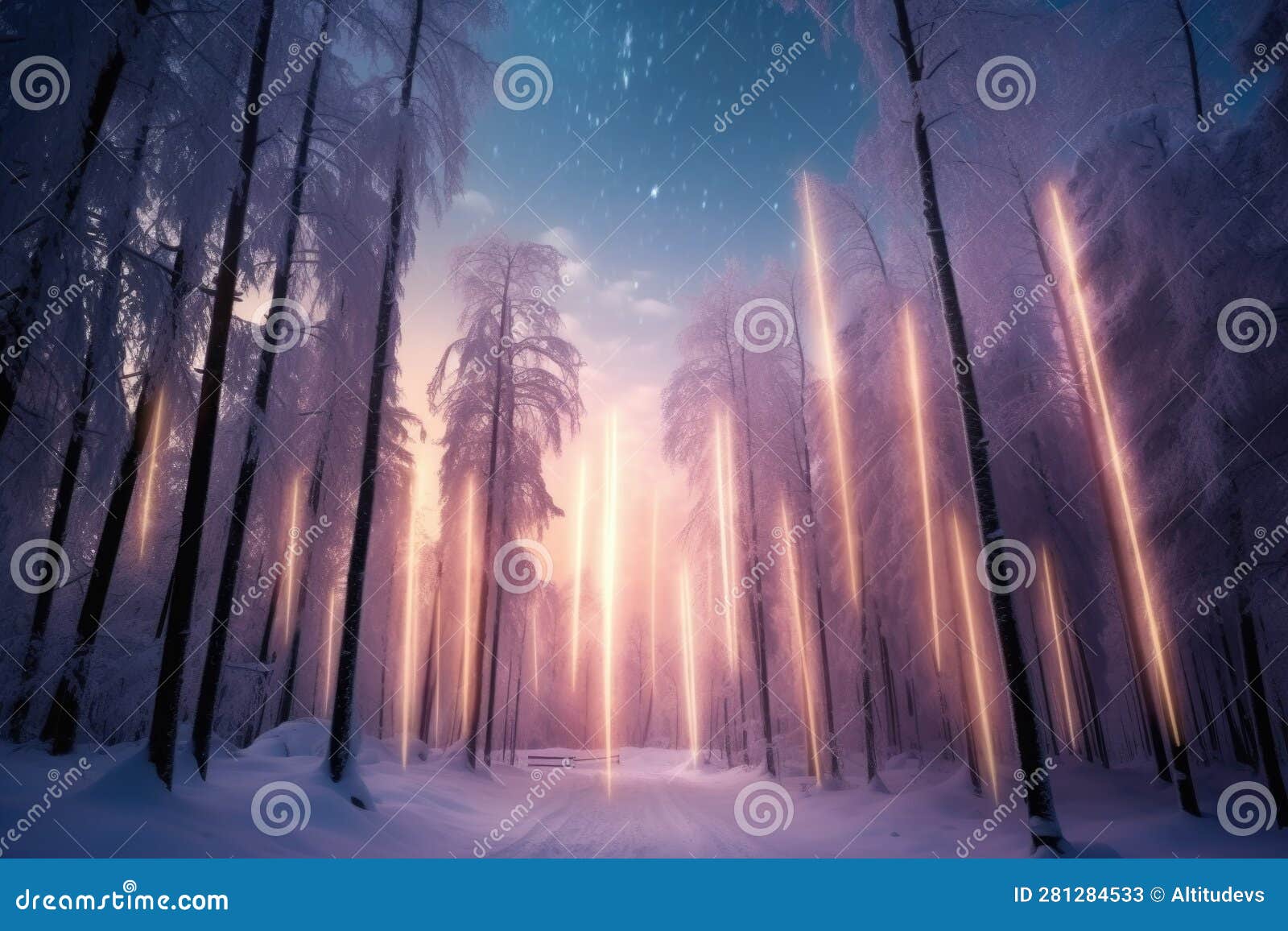 Light Pillars Illuminating Snow-covered Trees Stock Image - Image of ...