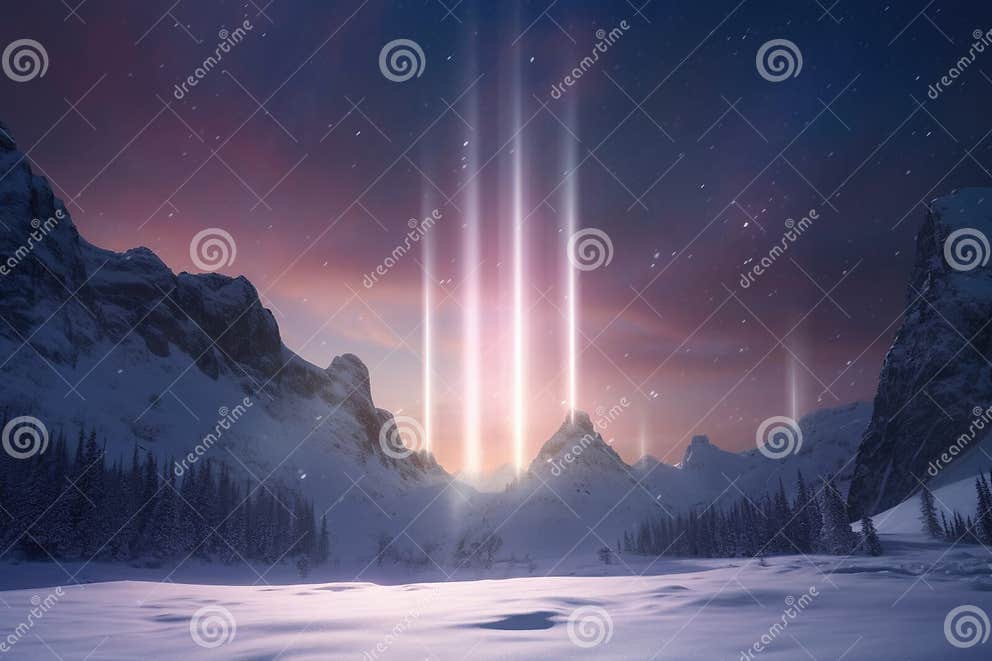 Light Pillars Over Snow-covered Mountain Range Stock Illustration ...
