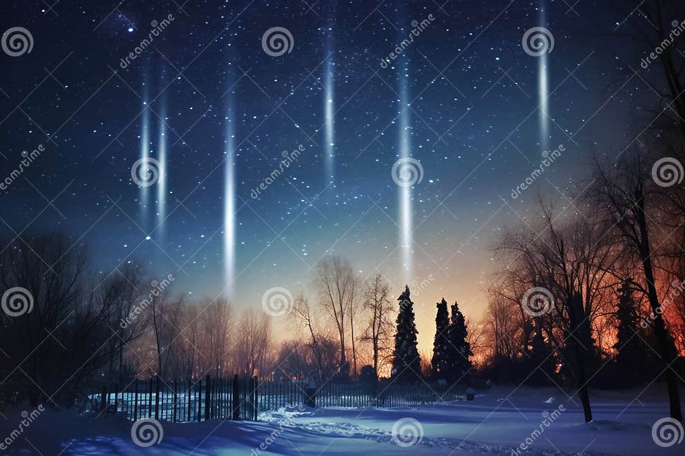 Light Pillars and Starry Sky in Winter Nightscape Stock Illustration ...