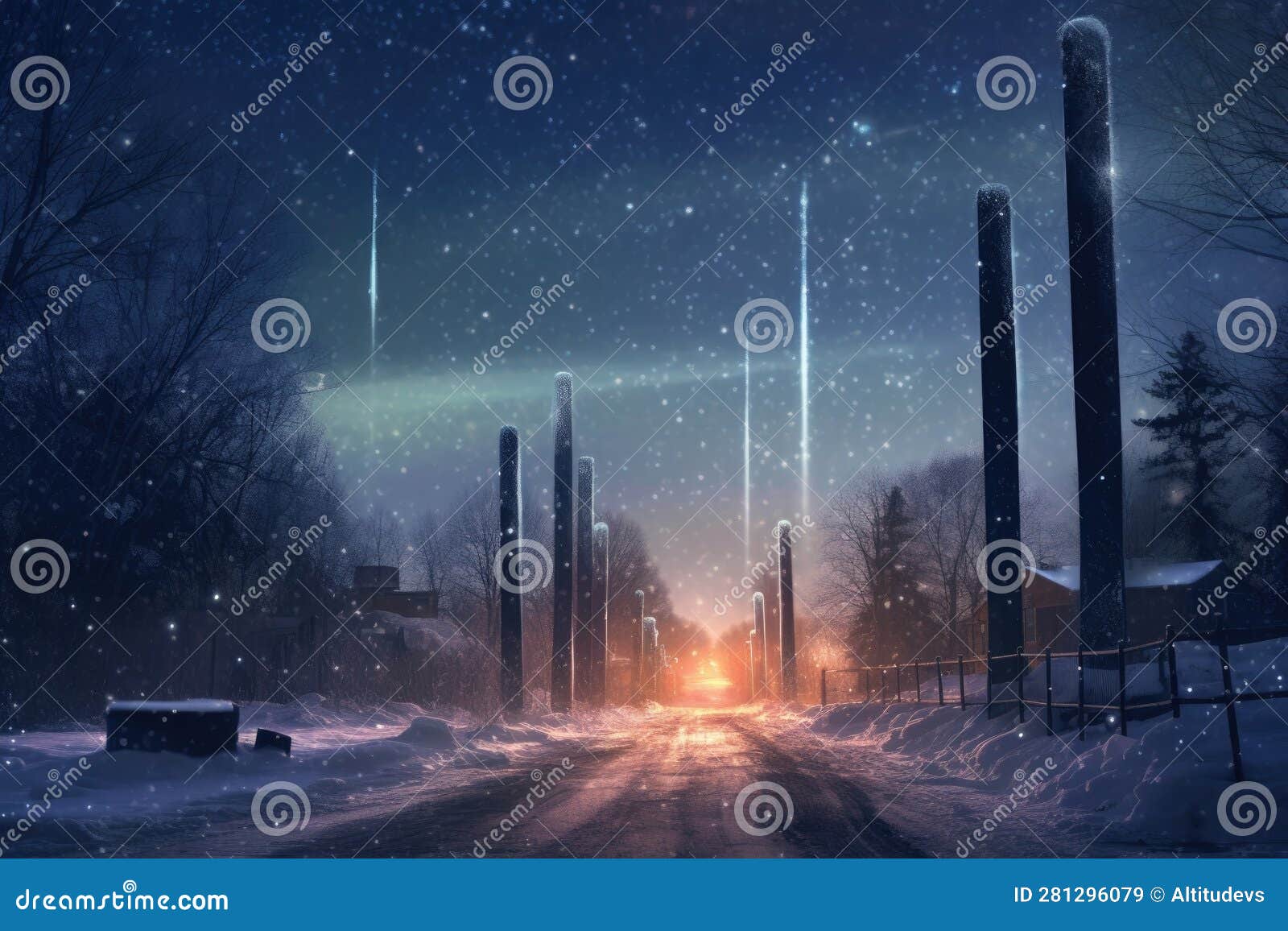 Light Pillars and Starry Sky in Winter Nightscape Stock Illustration ...