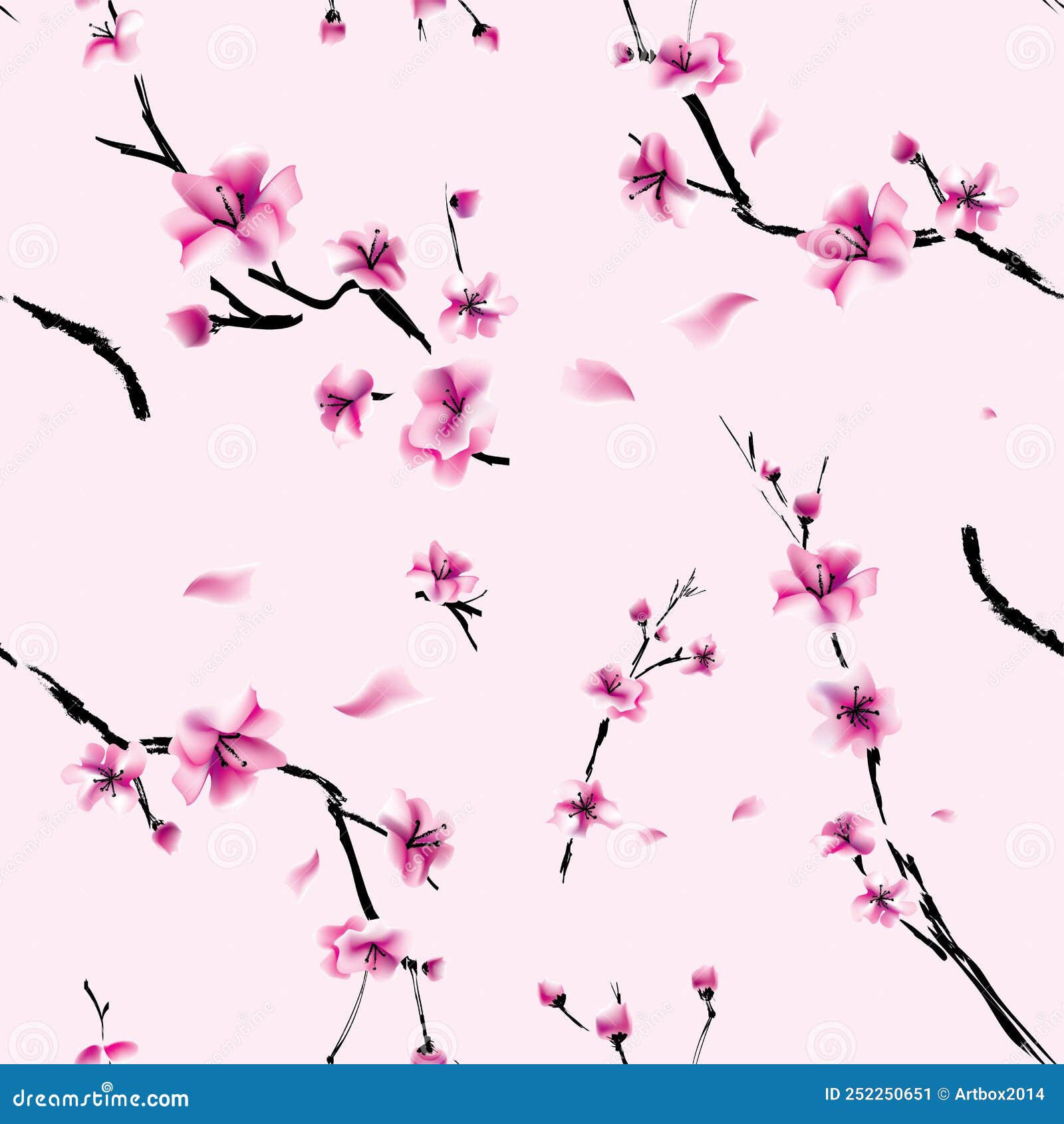 Light Pink Seamless Pattern with Japanese Cherry Blossom Branches Stock ...