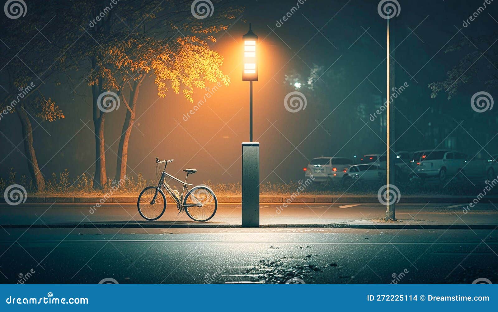 Light Pole with Bicycle Passing on the Road at Nig, Generative AI Stock ...