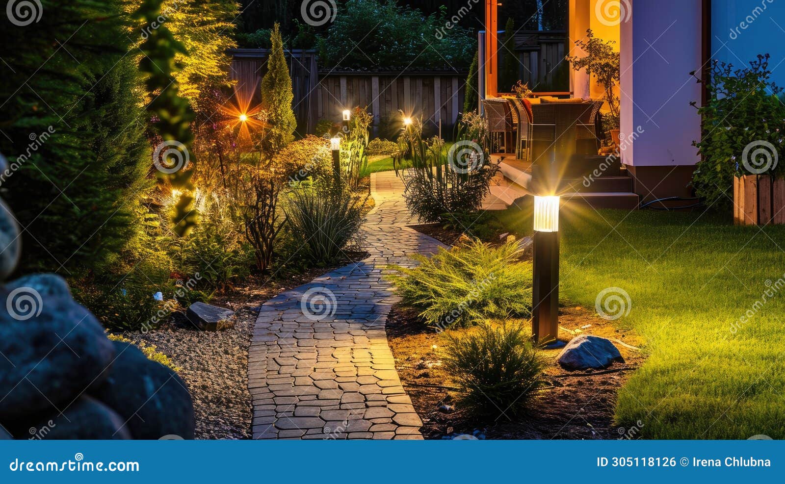 Light Posts Illuminated Backyard Garden during Night Hours. Modern ...