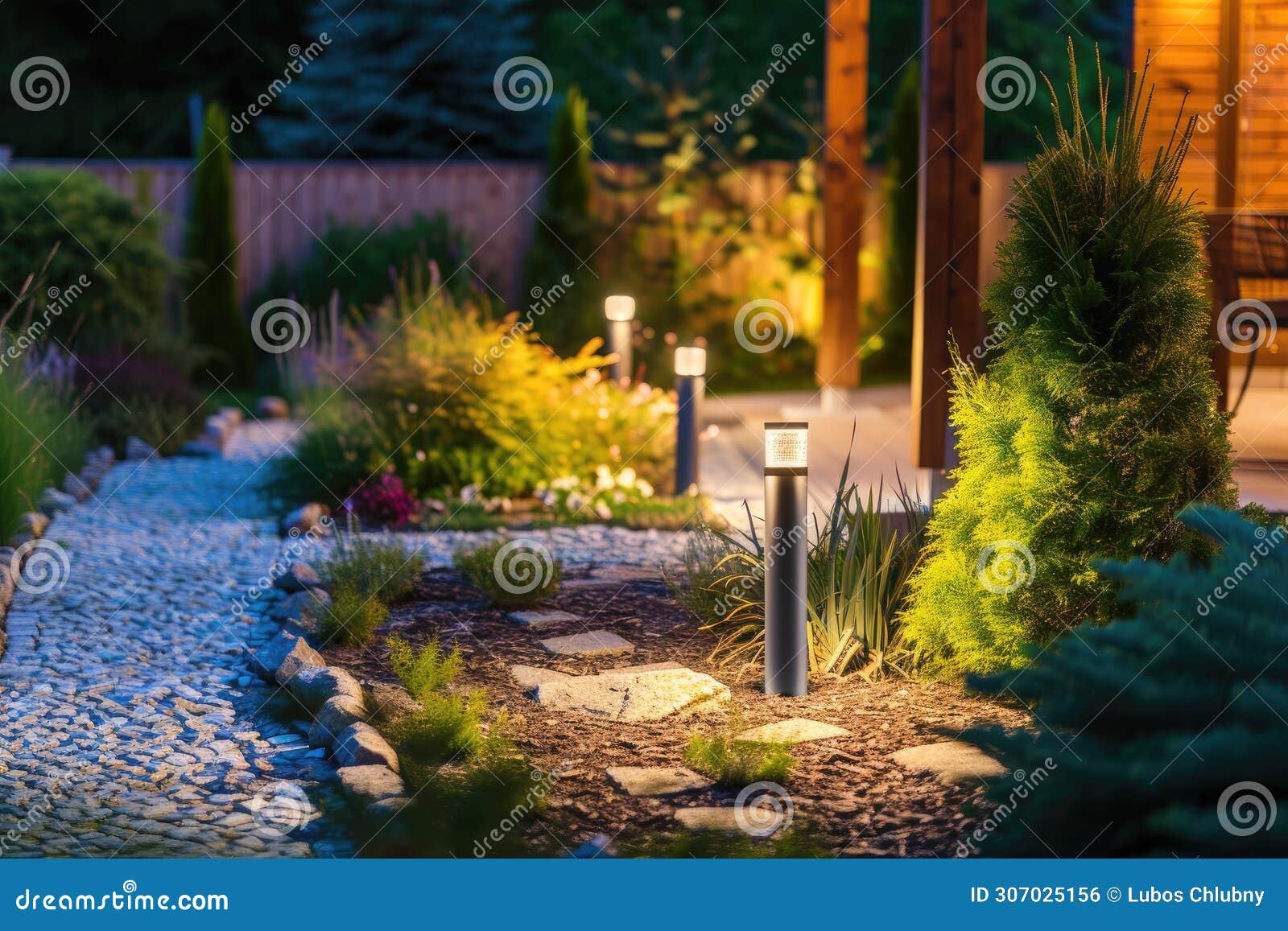 Light Posts Illuminated Backyard Garden during Night Hours. Modern ...
