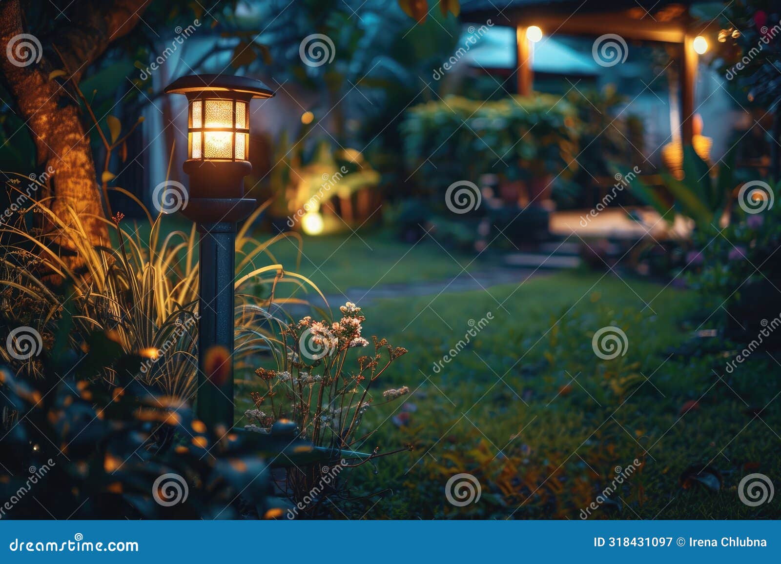Light Posts Illuminated Backyard Garden during Night Hours. Modern ...