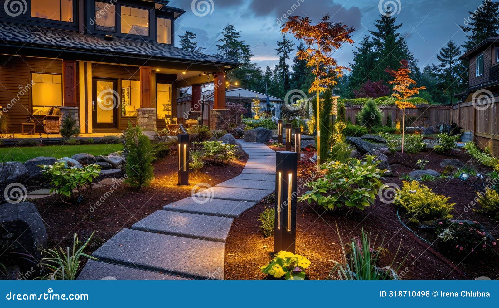Light Posts Illuminated Backyard Garden during Night Hours. Modern ...