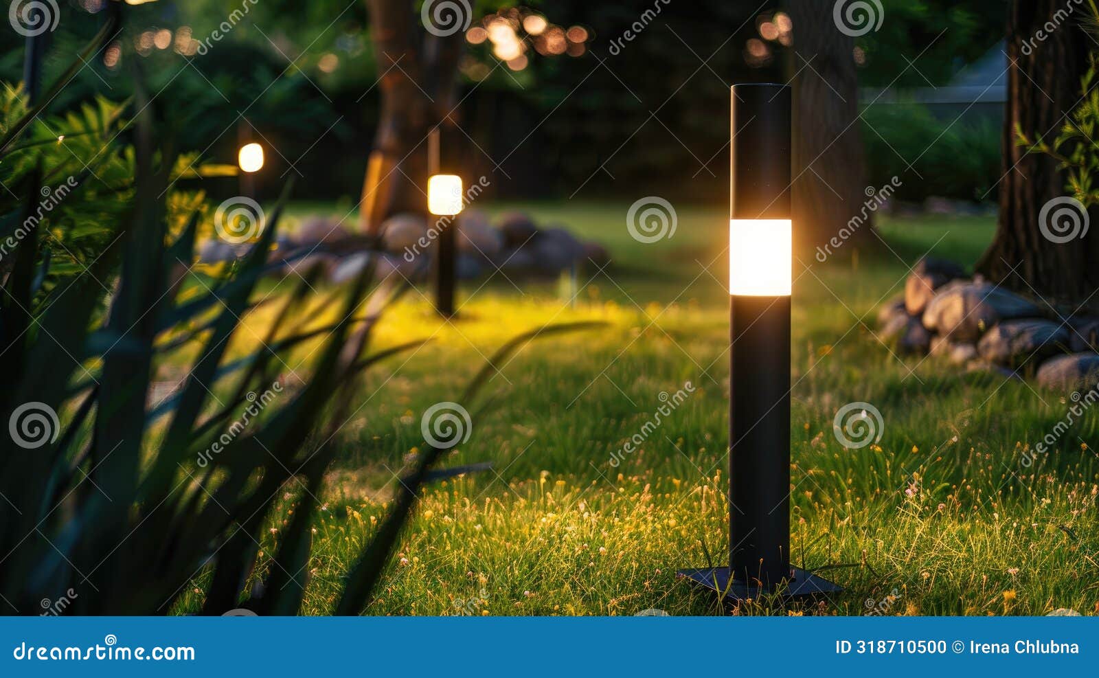 Light Posts Illuminated Backyard Garden during Night Hours. Modern ...