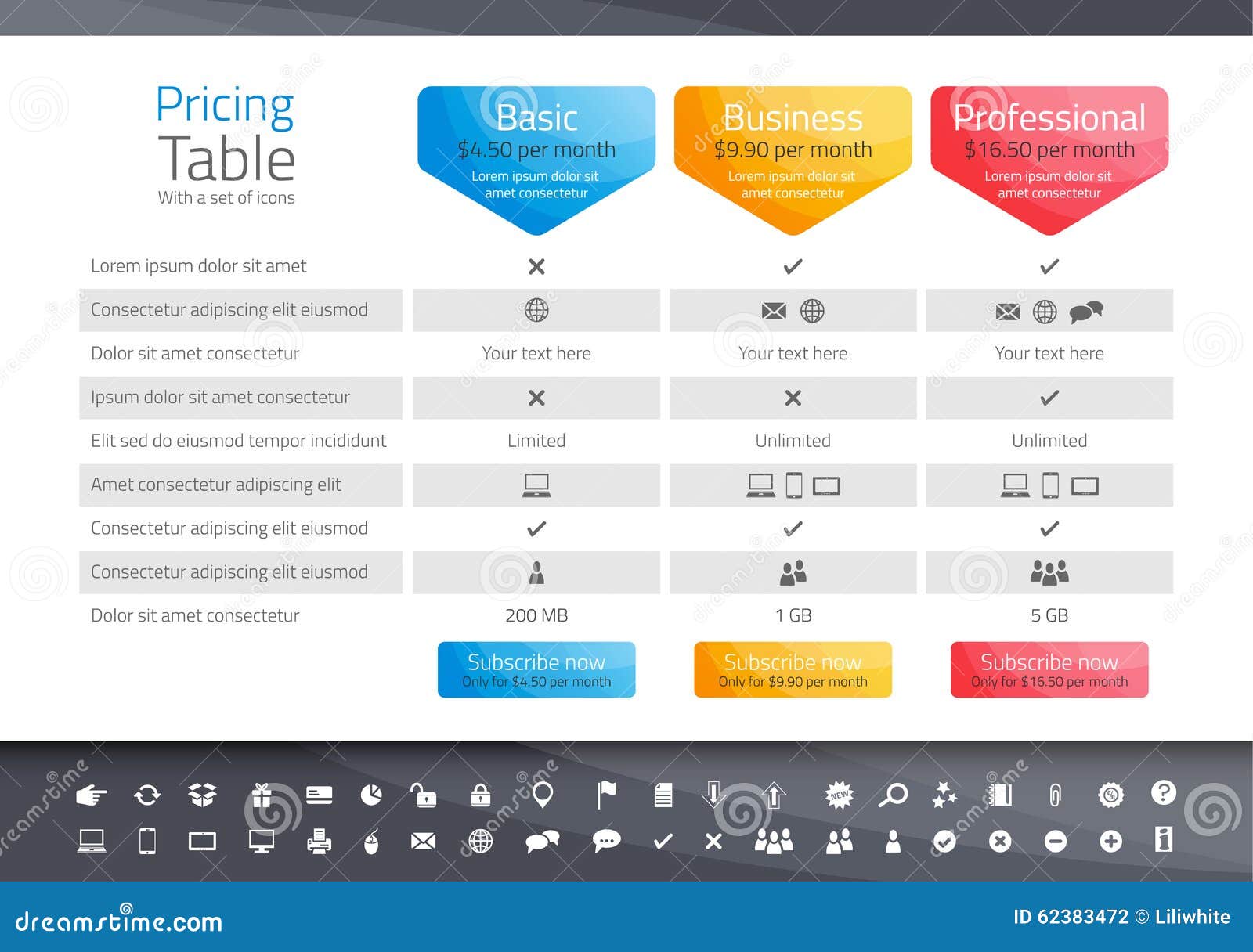 Light Pricing Table with 3 Options. Icon Set Inclu Stock Vector ...