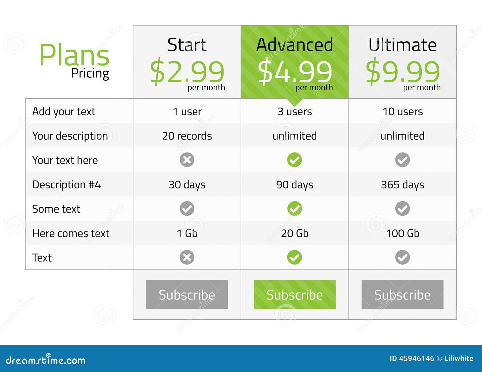 Light Pricing Table with Recommended Plan Stock Illustration ...
