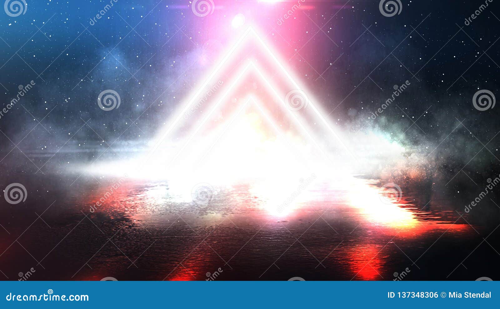Light Pyramid Triangle. Neon Triangle in the Center, Light, Rays, Smoke ...