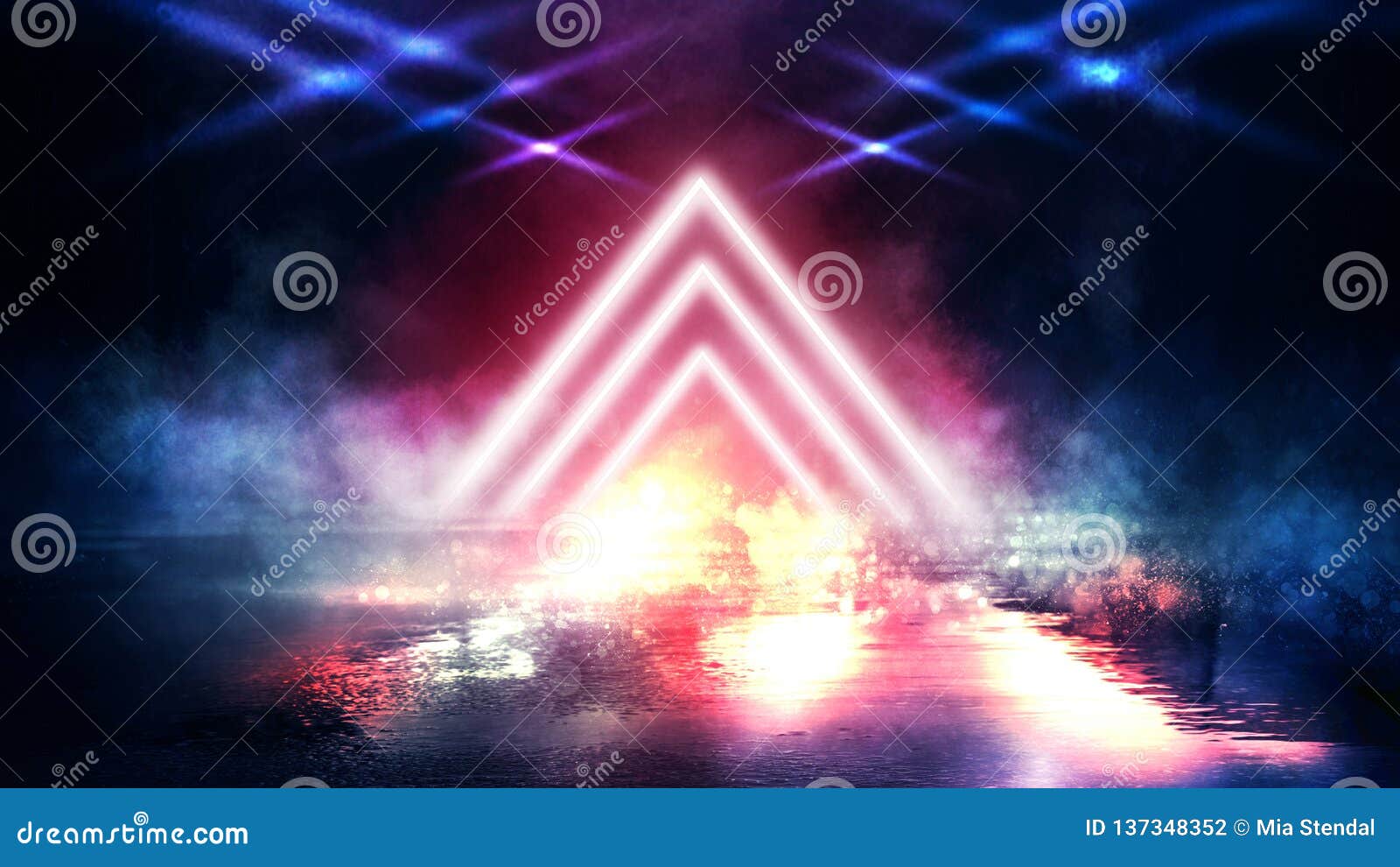 Light Pyramid Triangle. Neon Triangle in the Center, Light, Rays, Smoke ...