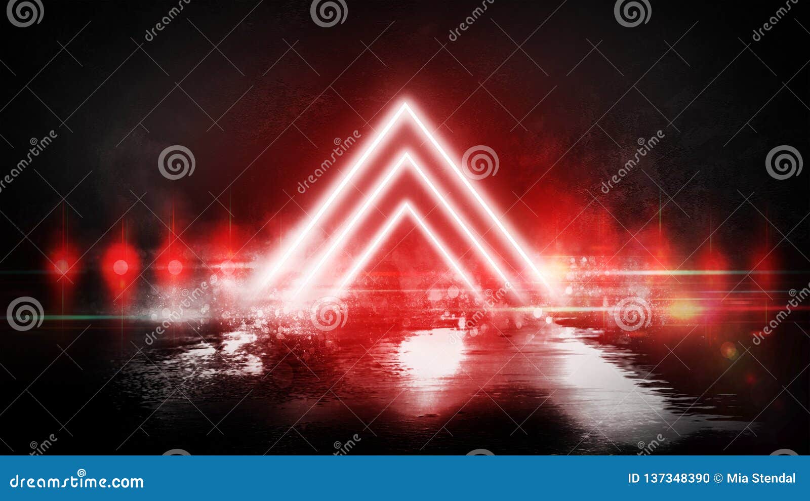 Light Pyramid Triangle. Neon Triangle in the Center, Light, Rays, Smoke ...