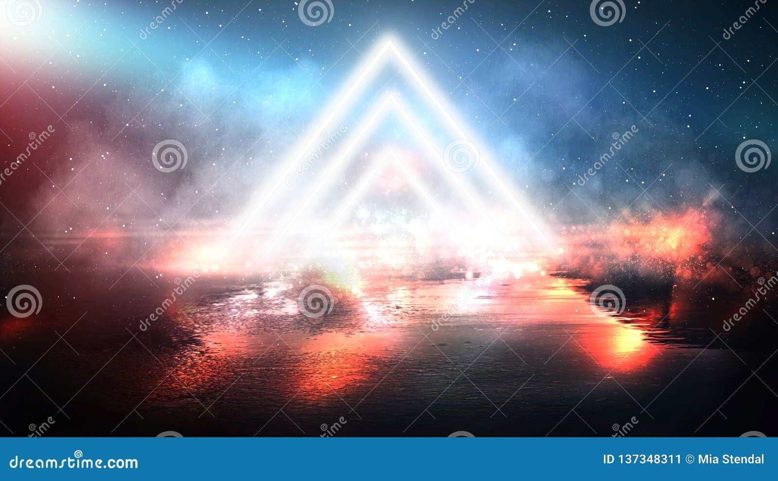 Light Pyramid Triangle. Neon Triangle in the Center, Light, Rays, Smoke ...