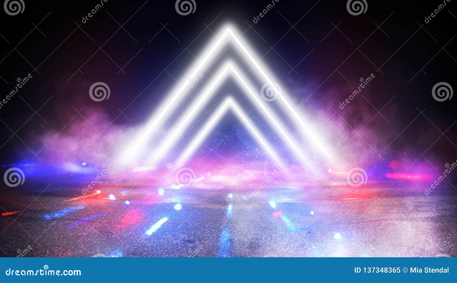 Light Pyramid Triangle. Neon Triangle in the Center, Light, Rays, Smoke ...