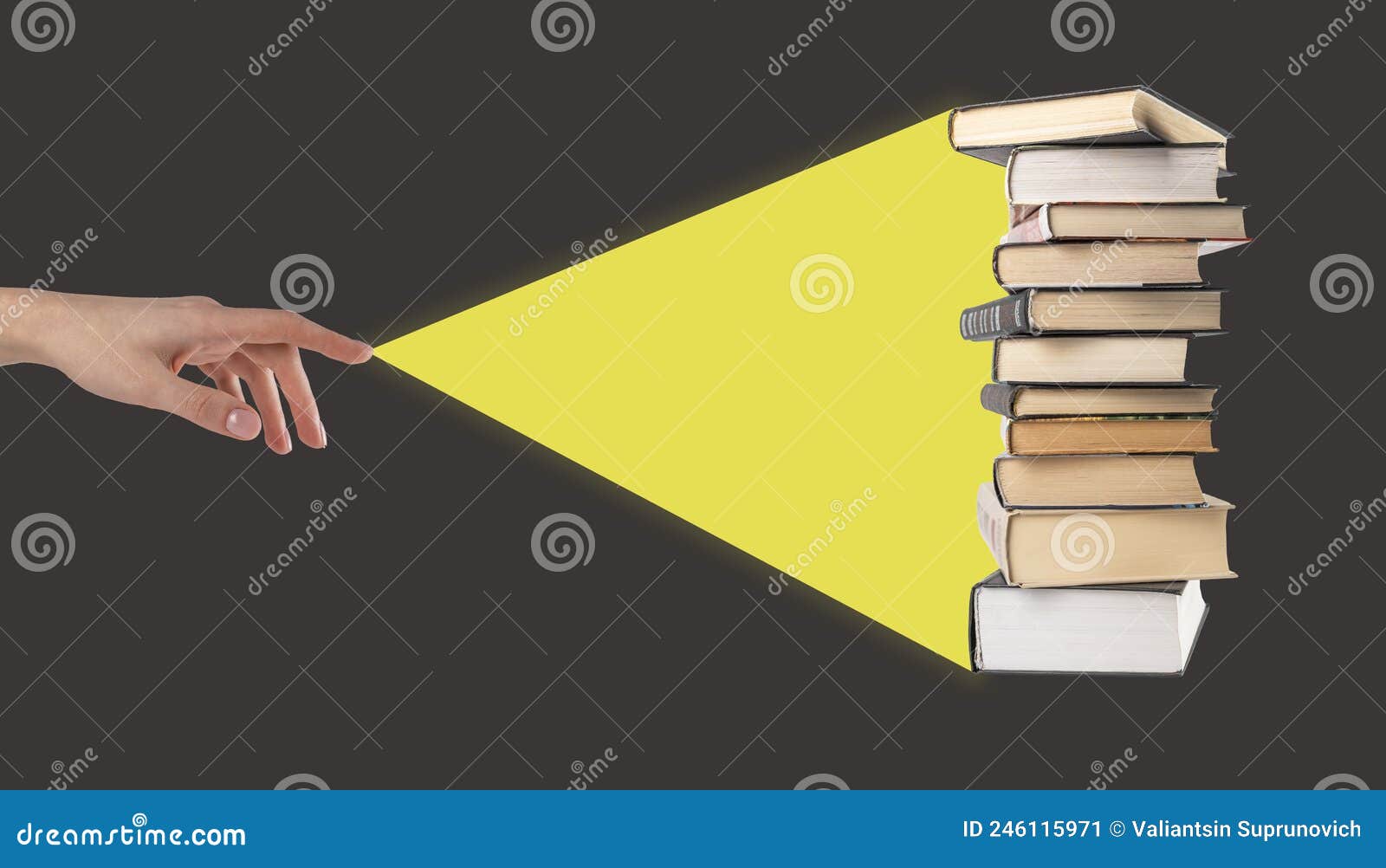 Light Rays Coming from Woman Hands To Books Stack on Black Background ...
