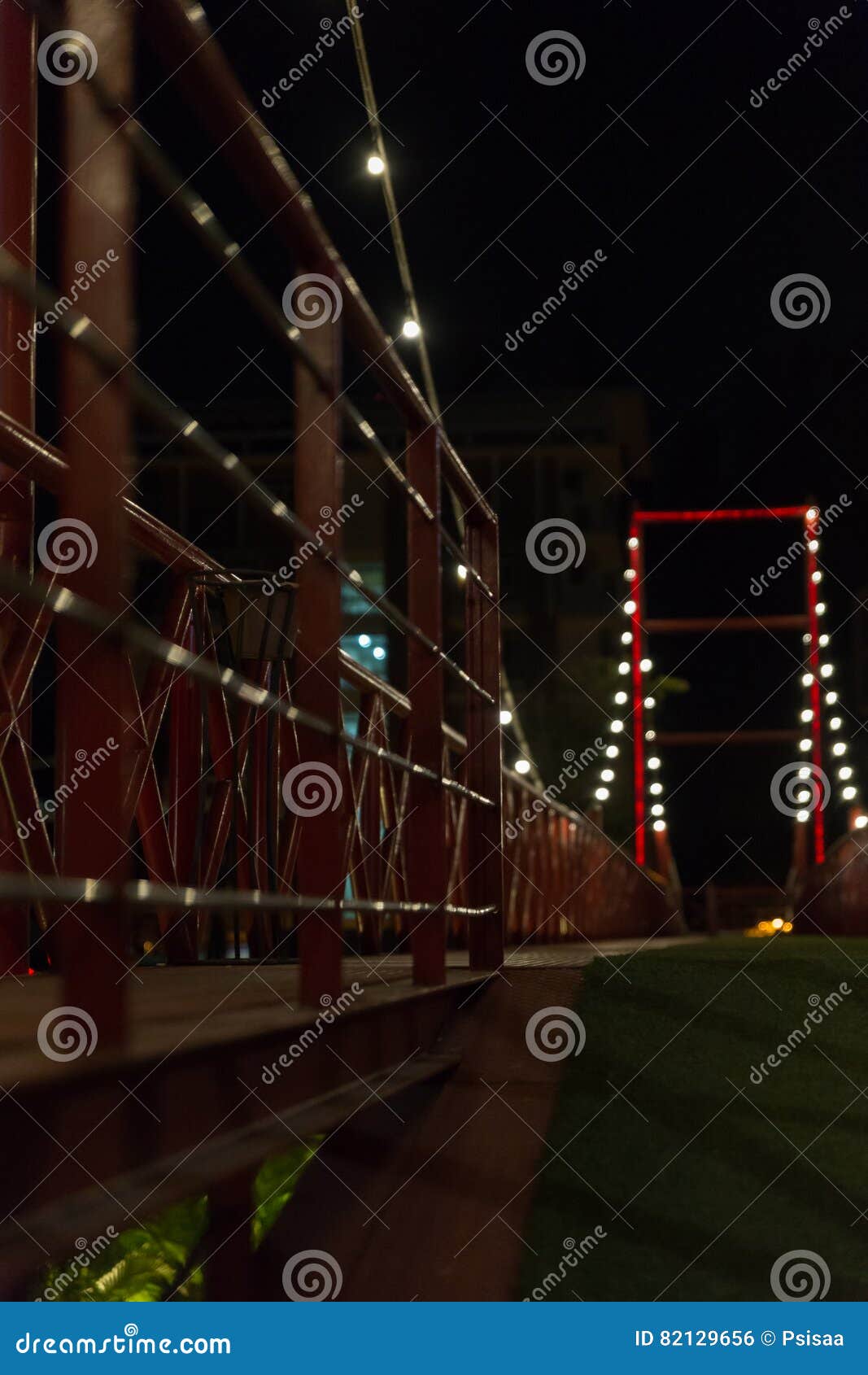 Light at Red Footbridge at Night Stock Photo - Image of pavement ...