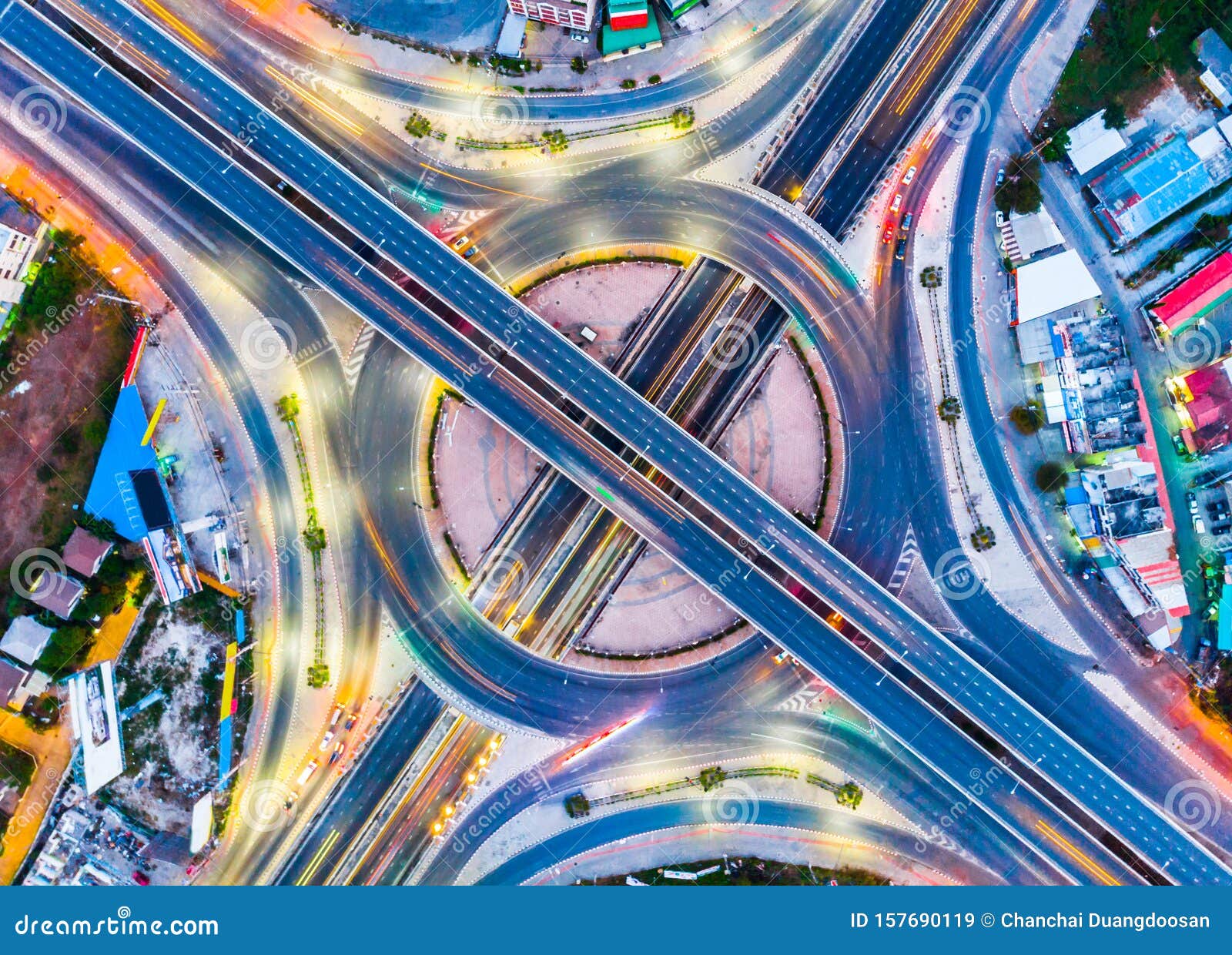 The Light on the Road Roundabout at Night Stock Image - Image of drone ...