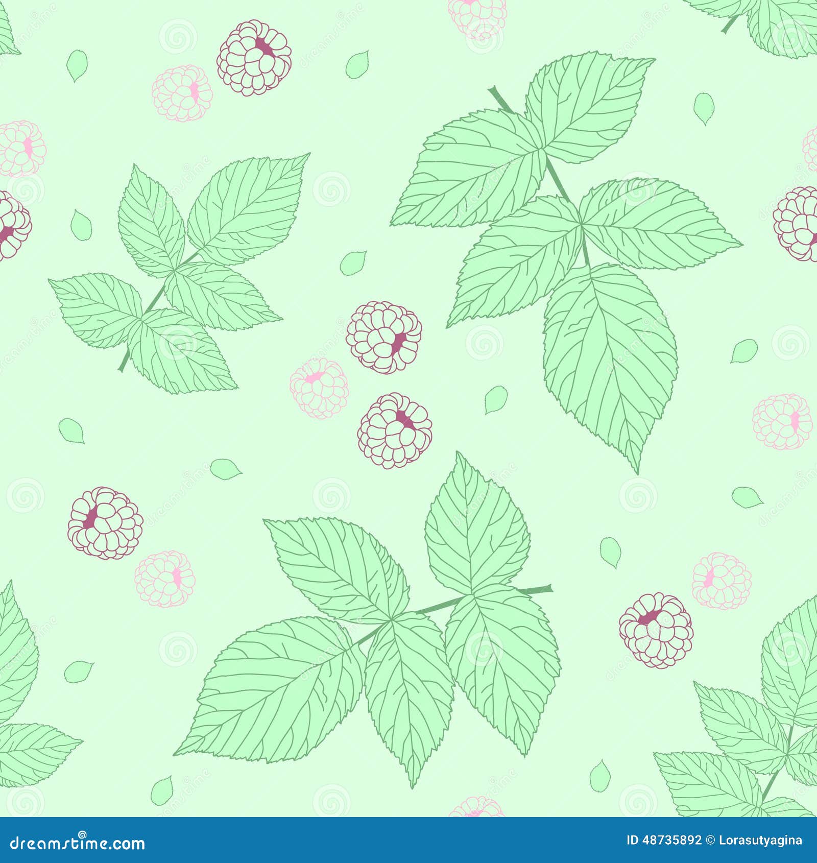 Light Seamless Pattern with Raspberries and Green Raspberry Leaves ...