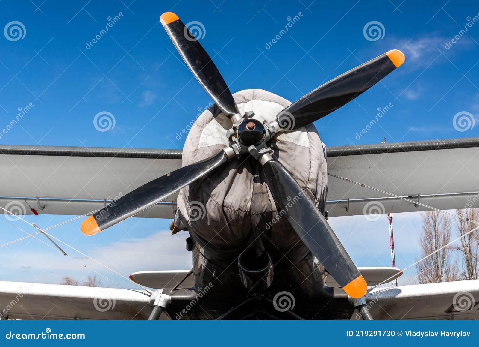 Light Single-engine Airplane Front View: Propeller with Four Blades ...