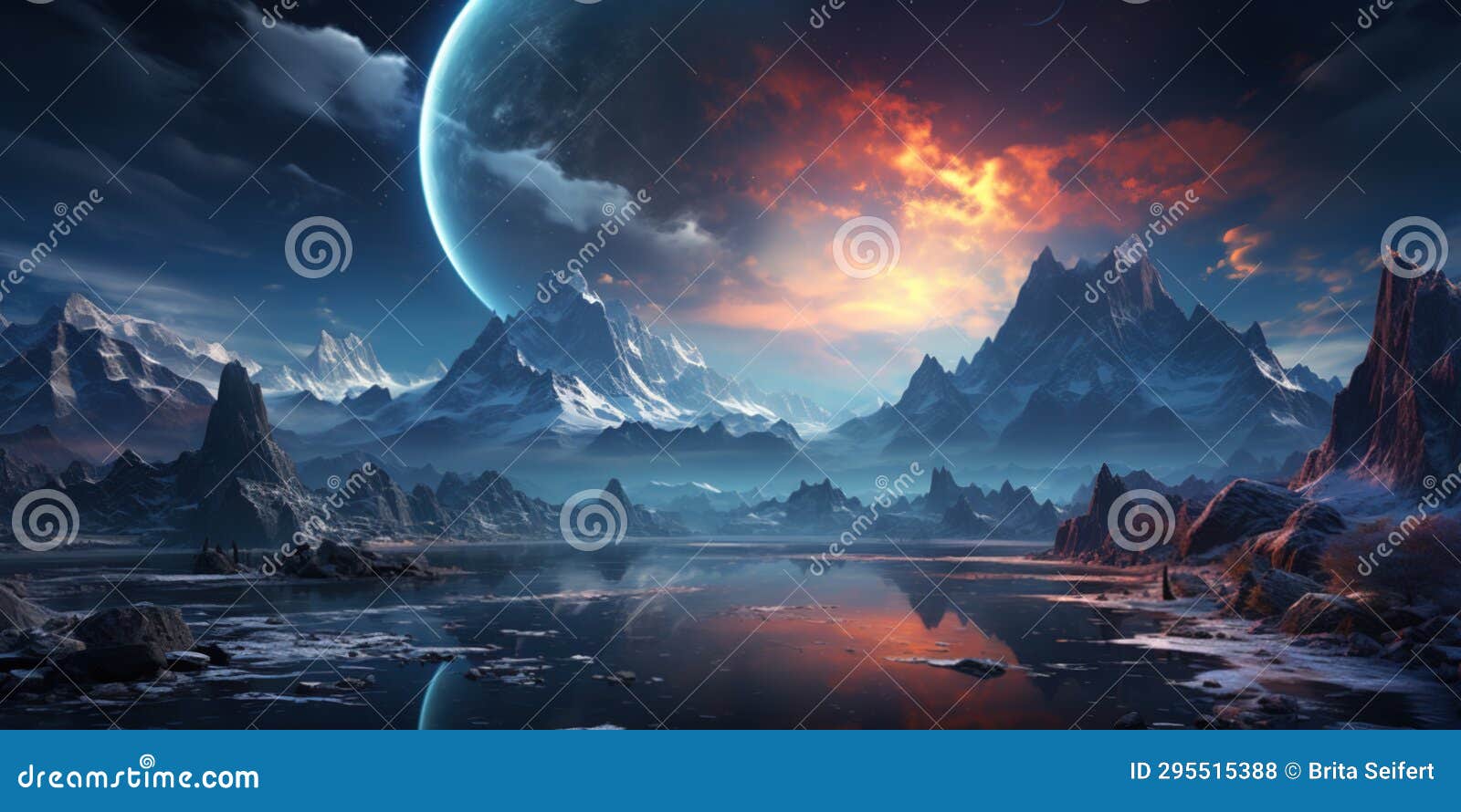 Light Sky Blue Aurora in White Snow with an Alien Planet at the Horizon ...