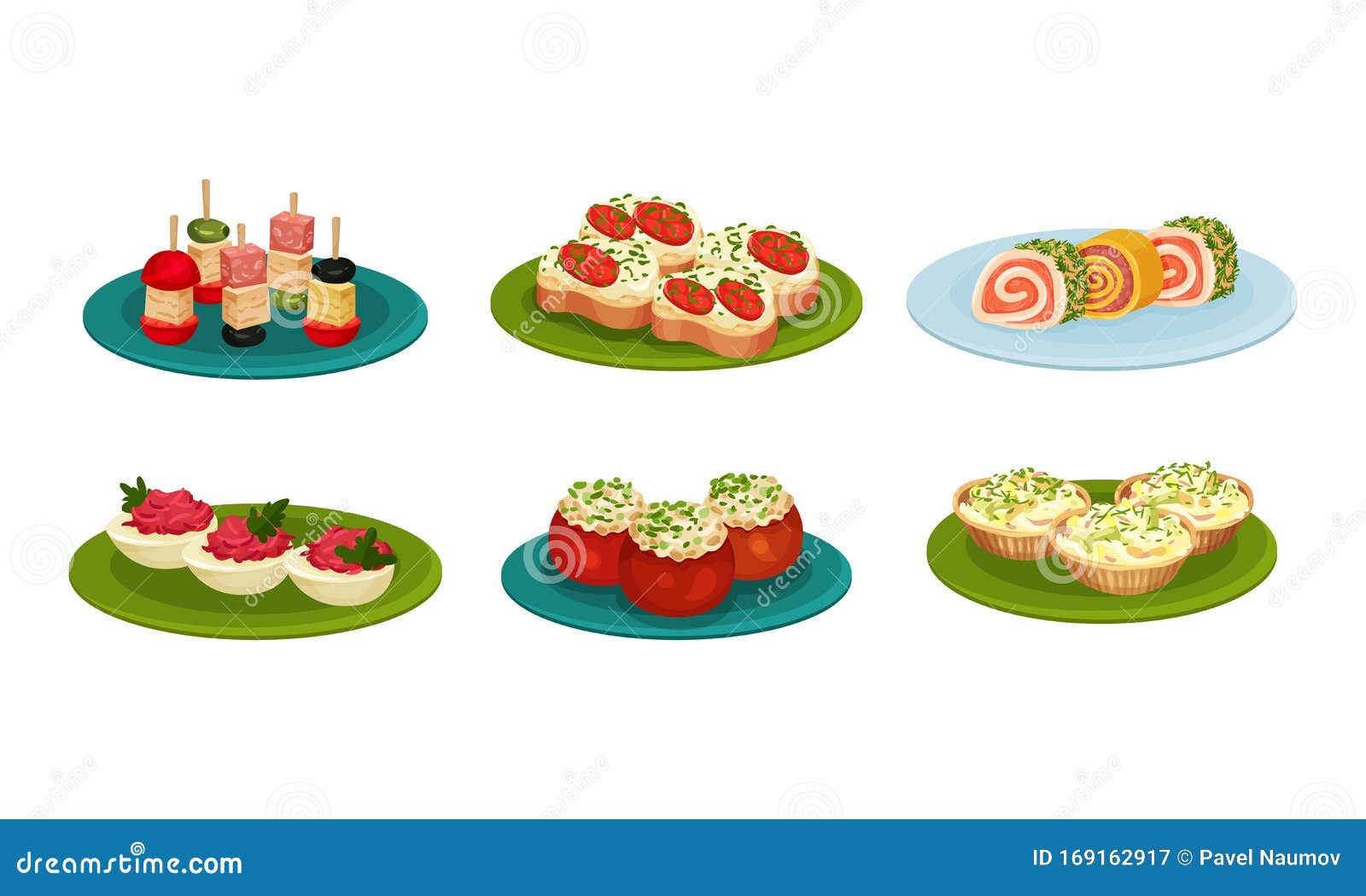 Light Snacks and Bites Served on Plates Side View Vector Illustrations ...
