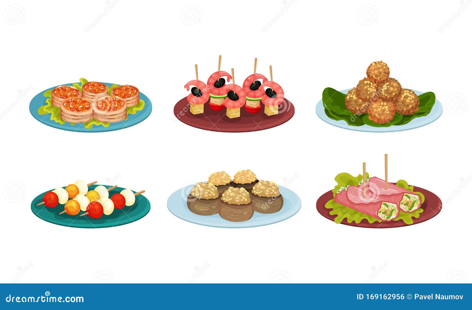 Light Snacks and Bites Served on Plates Side View Vector Illustrations ...