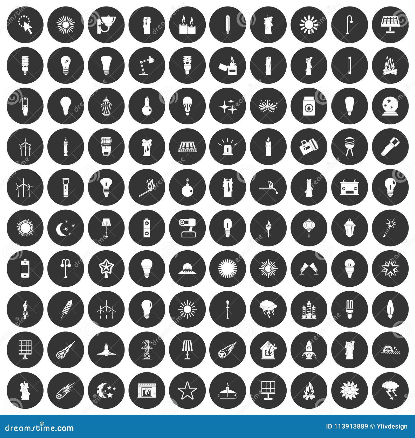 100 Light Source Icons Set Black Circle Stock Vector - Illustration of ...