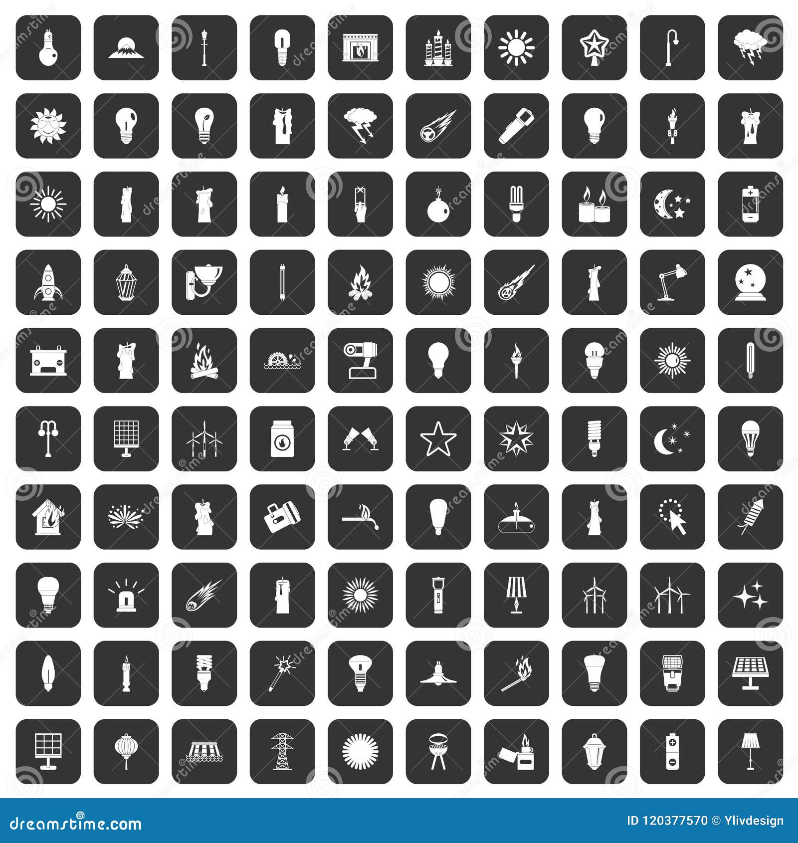 100 Light Source Icons Set Black Stock Vector - Illustration of flame ...