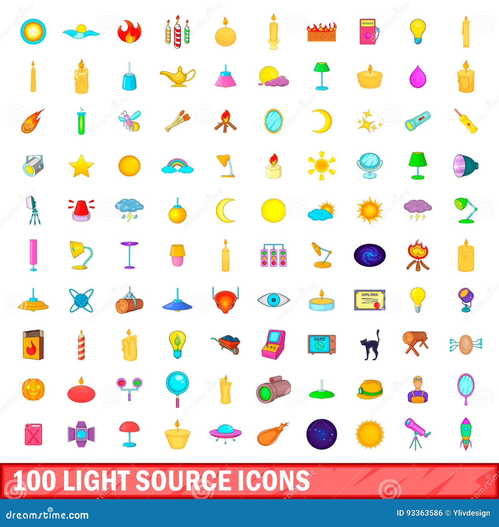 100 Light Source Icons Set, Cartoon Style Stock Vector - Illustration ...