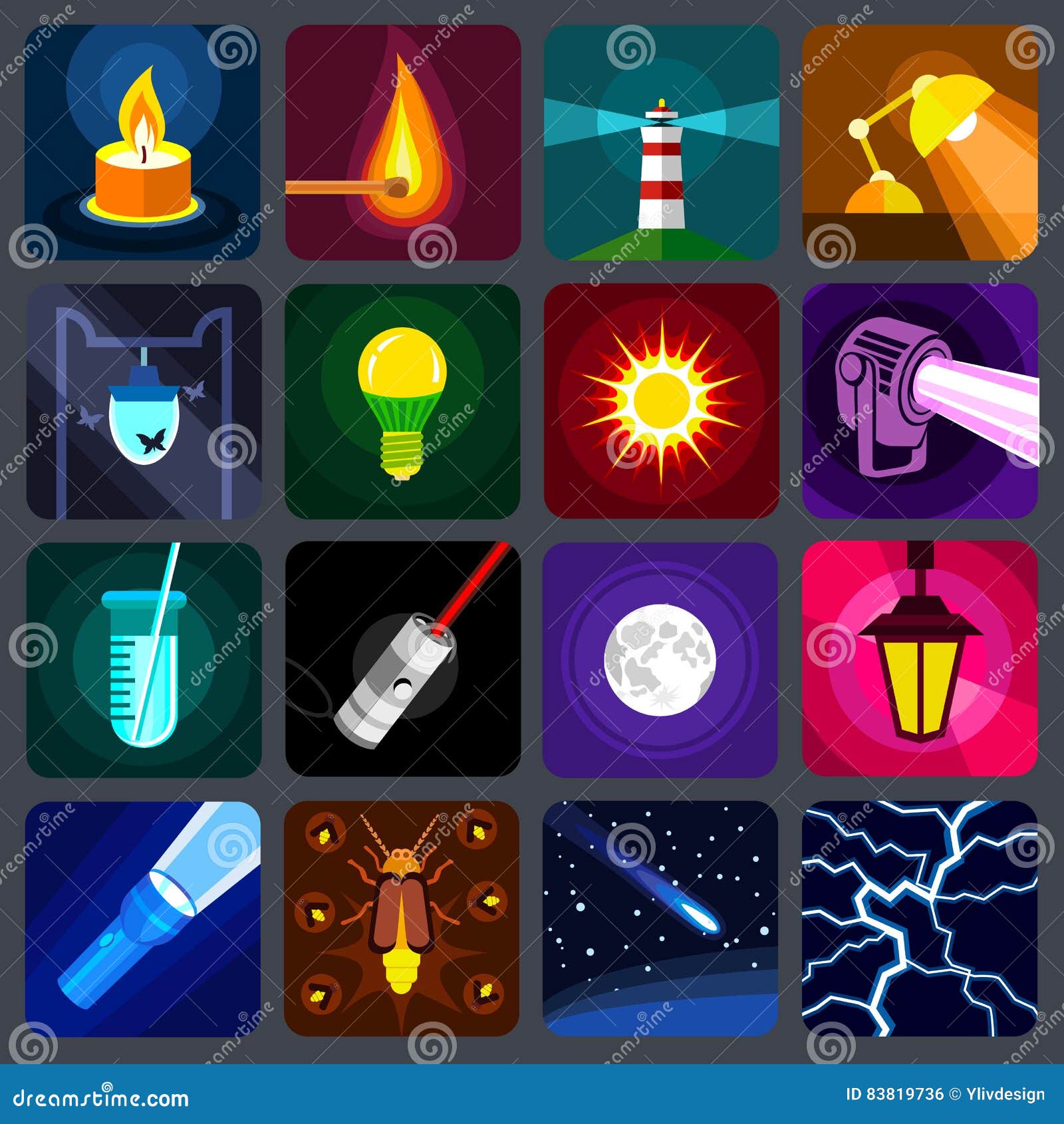 Light Source Icons Set, Flat Style Stock Vector - Illustration of ...