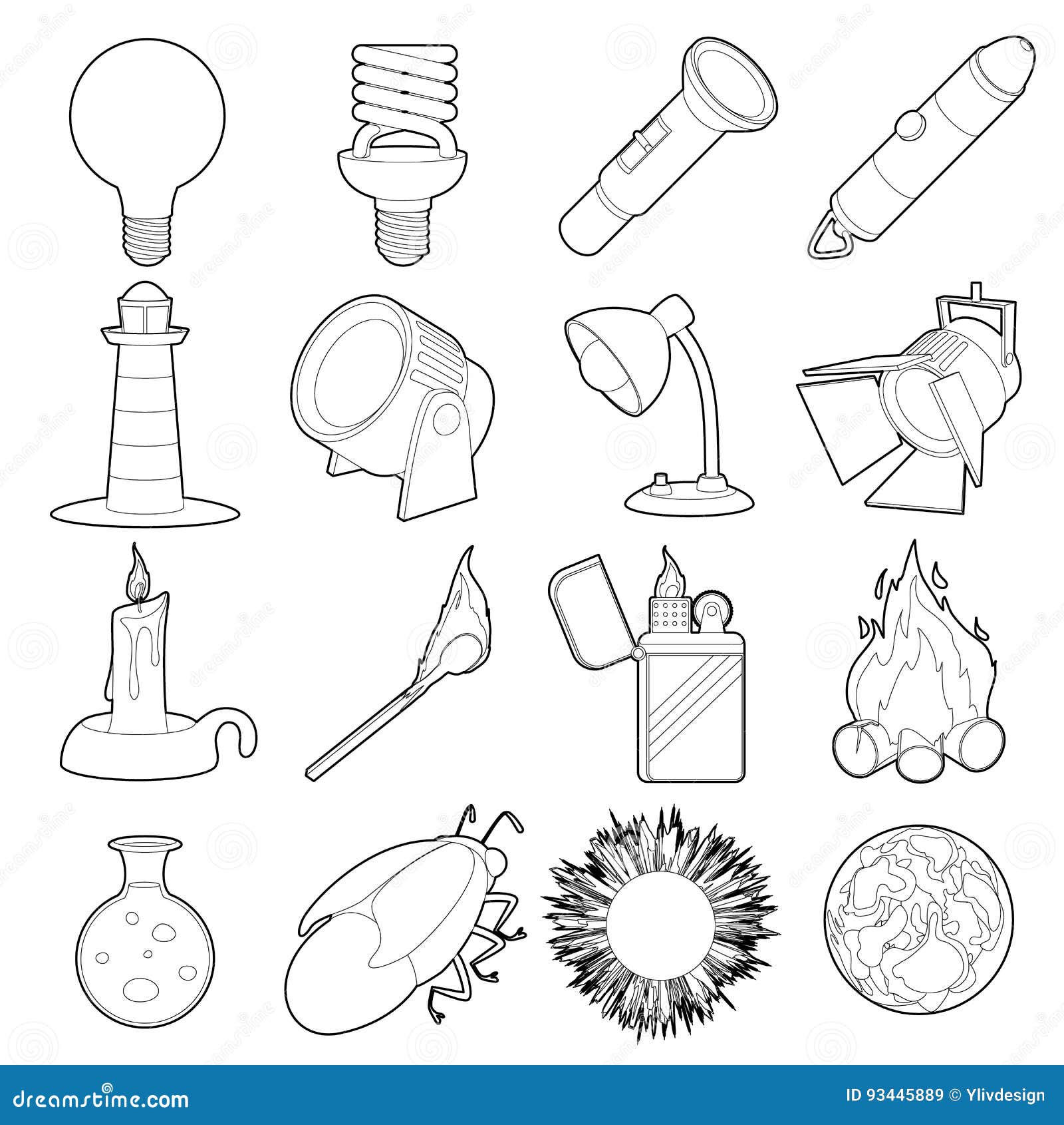 Light Source Icons Set, Outline Style Stock Vector - Illustration of ...