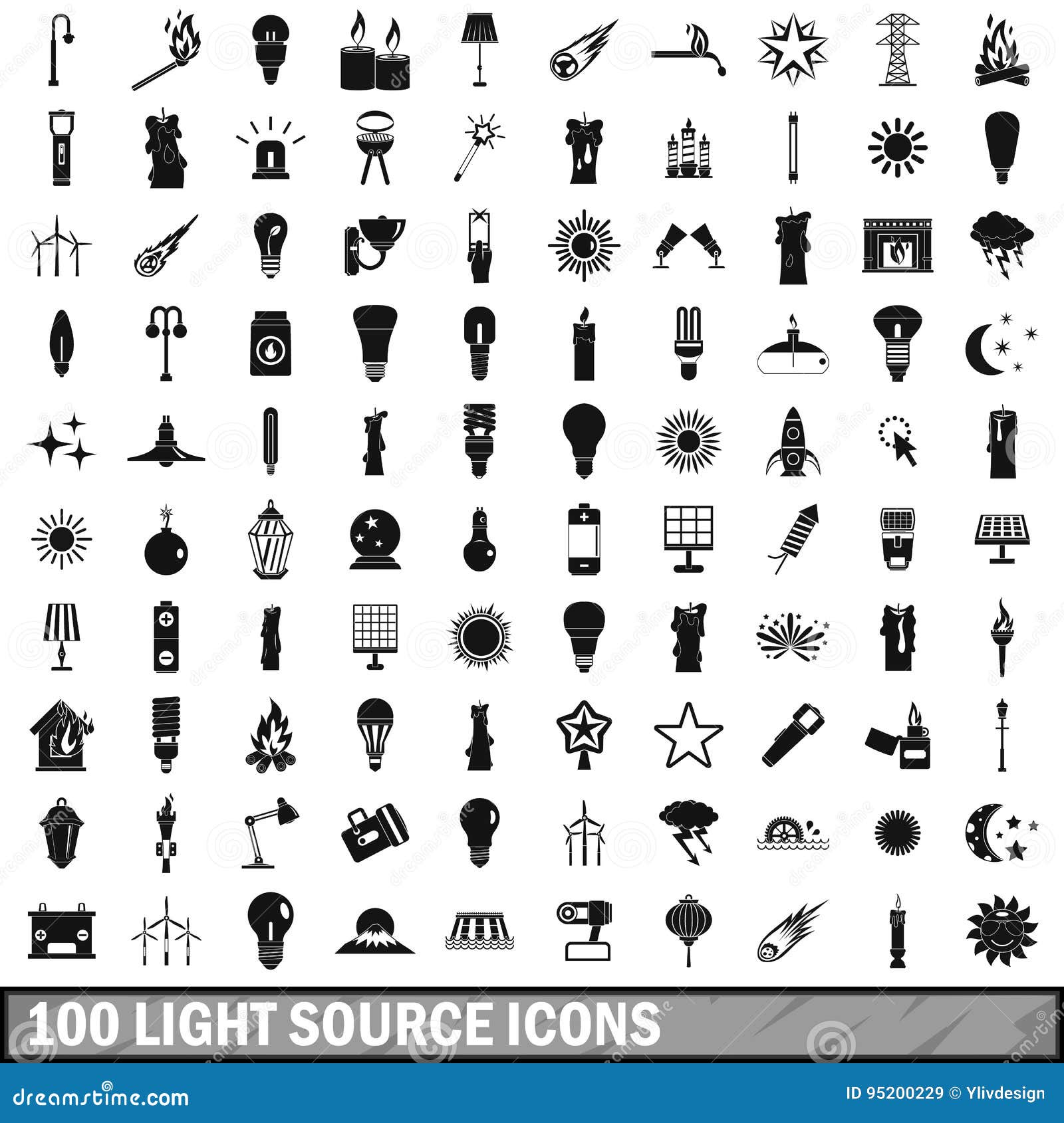 100 Light Source Icons Set, Simple Style Stock Vector - Illustration of ...