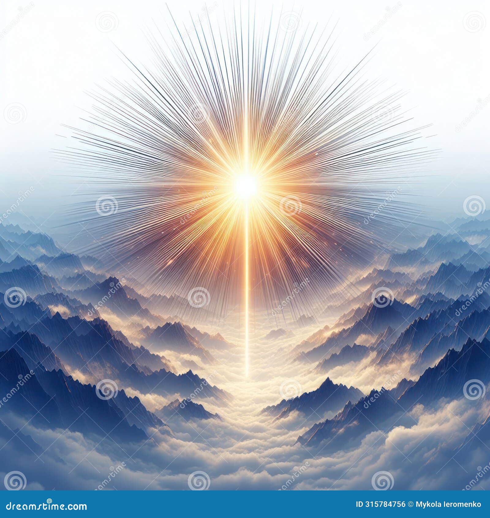 A Light Source with Outgoing Rays Over Mountains. Abstraction. Stock ...
