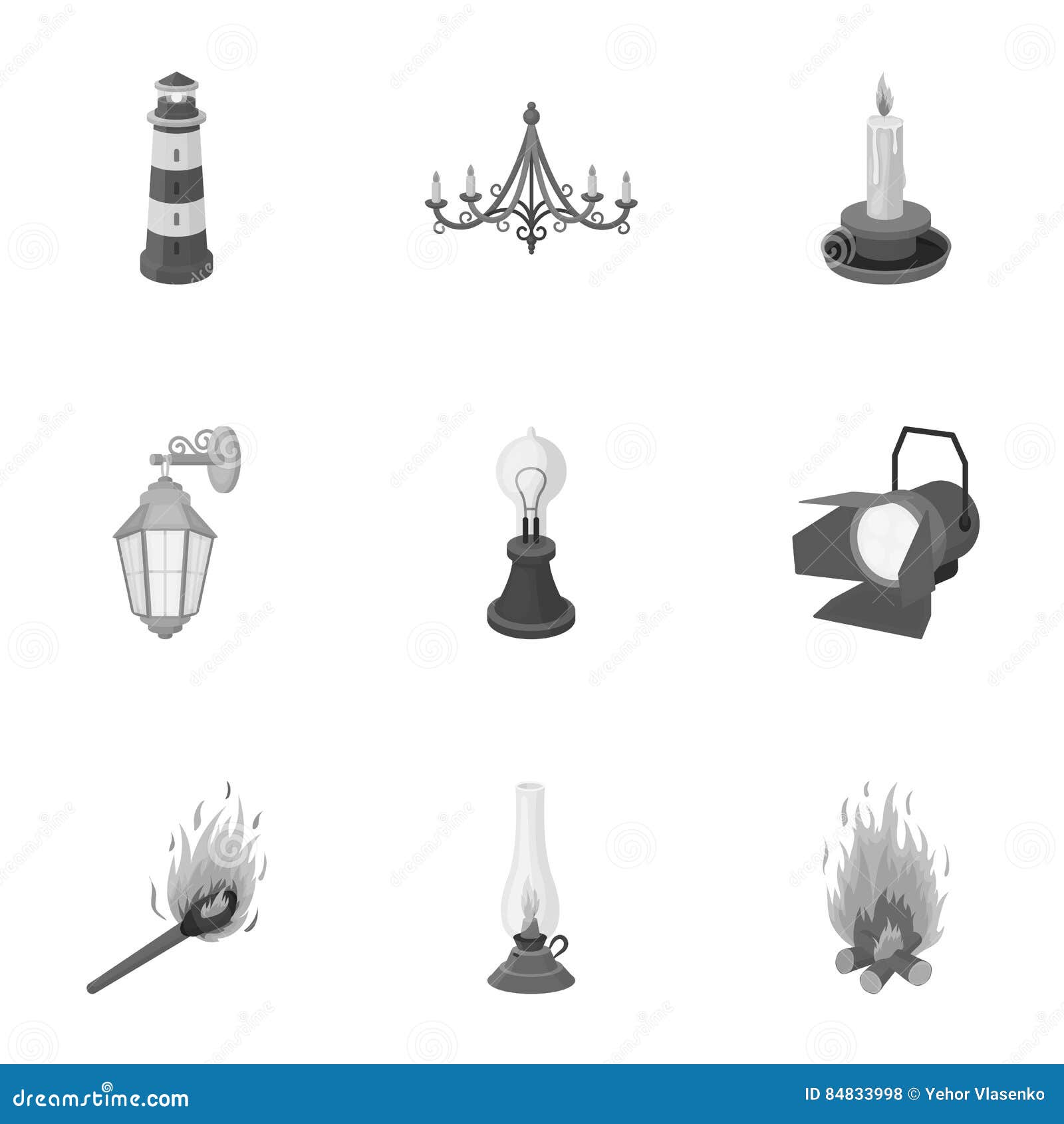 Light Source Set Icons in Monochrome Style. Big Collection of Light ...