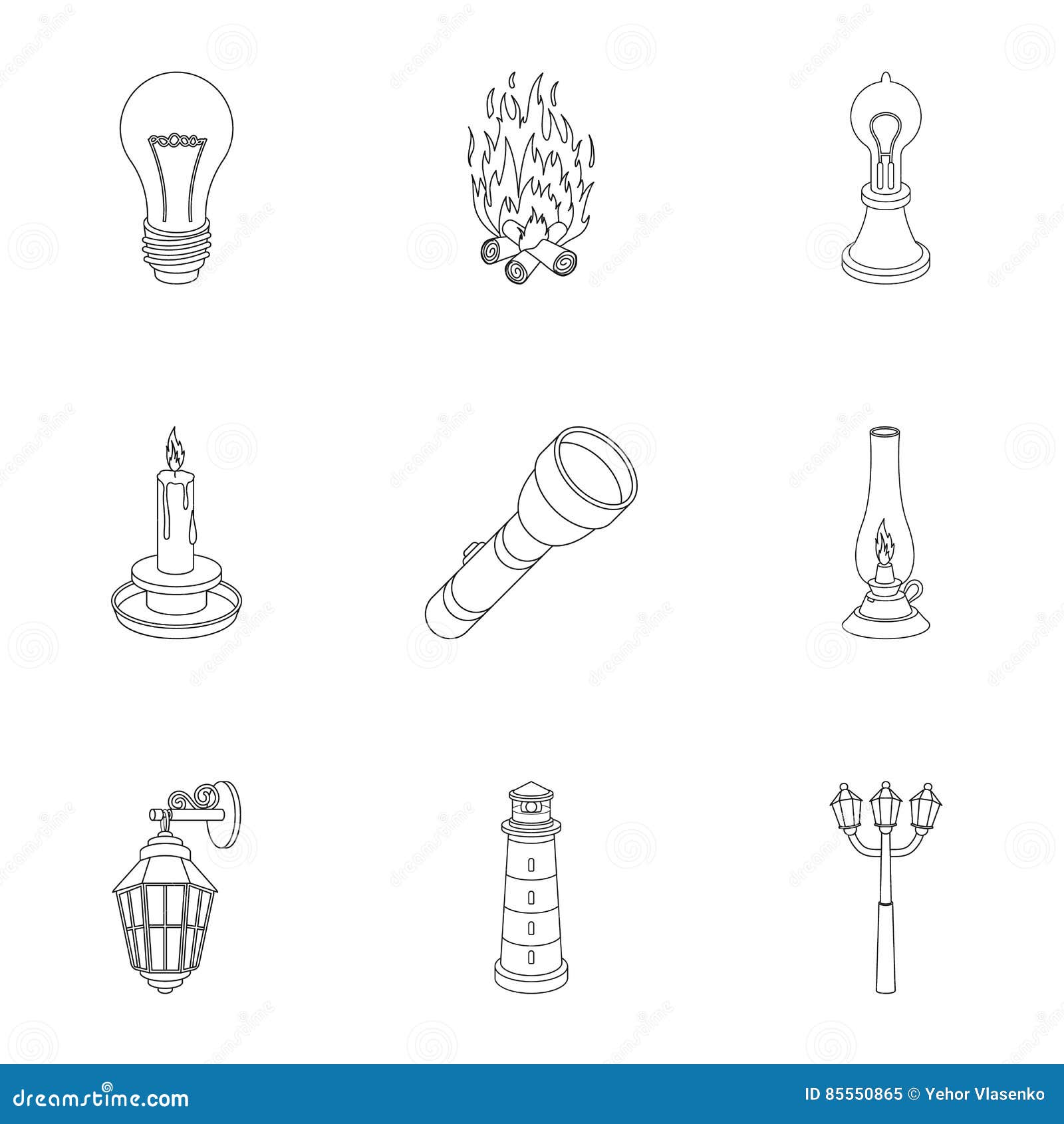 Light Source Set Icons in Outline Style. Big Collection of Light Source ...