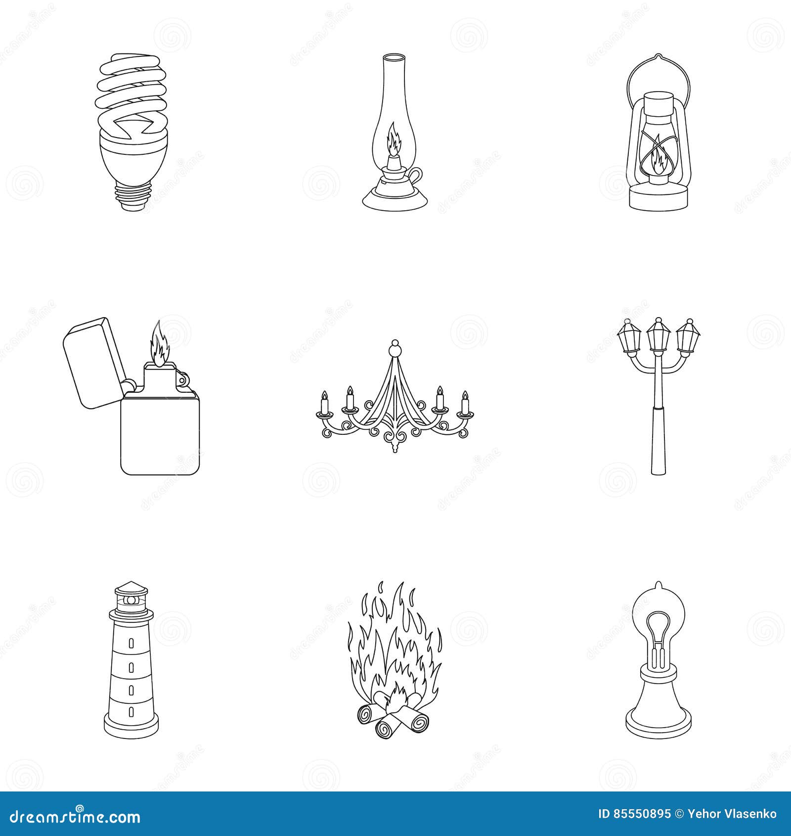 Light Source Set Icons in Outline Style. Big Collection of Light Source ...