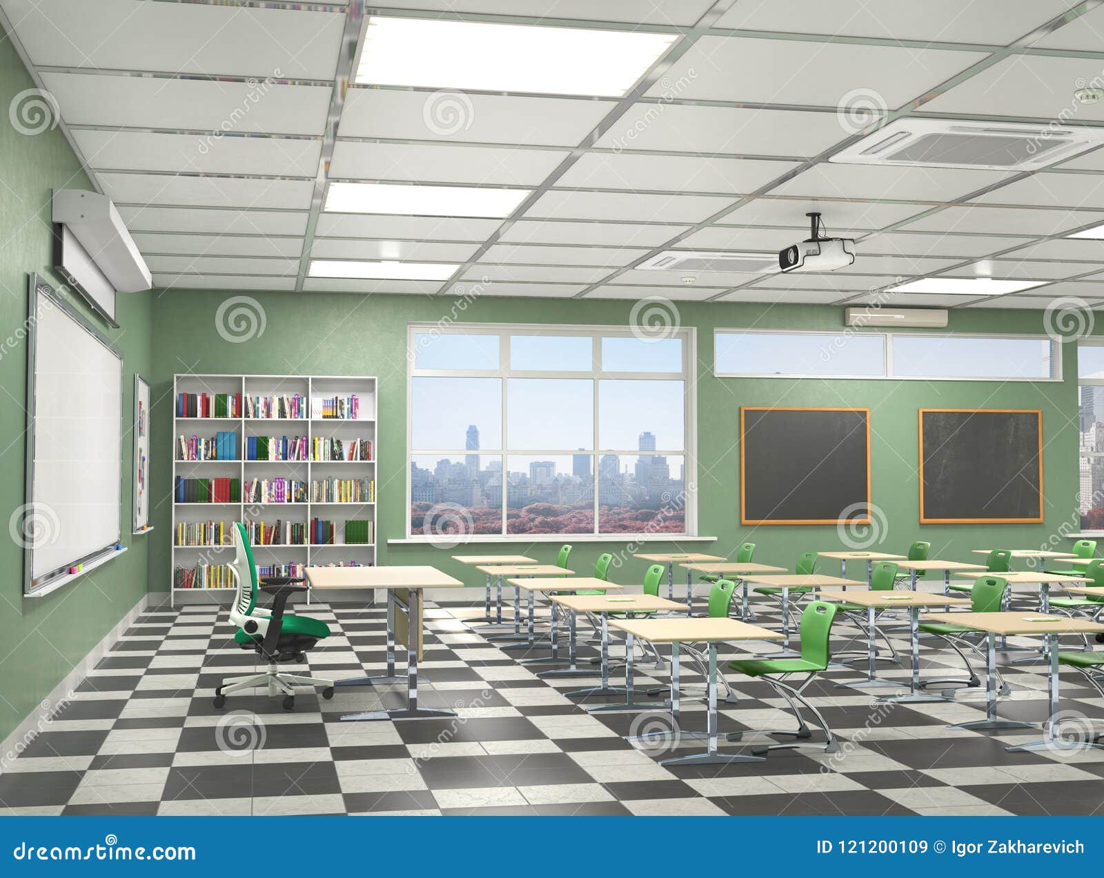 Classroom Interior. 3D Illustration Stock Image - Image of modern ...