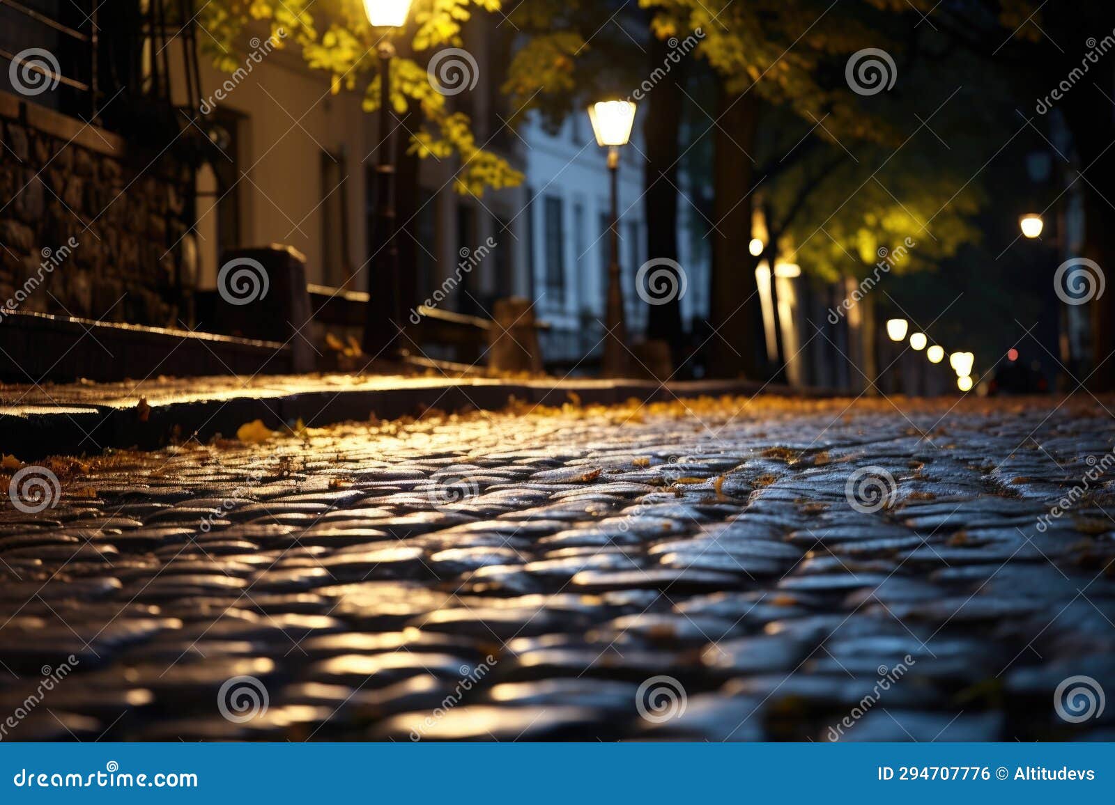 Light from a Street Lamp Illuminating a Cobblestone Path Stock Photo ...