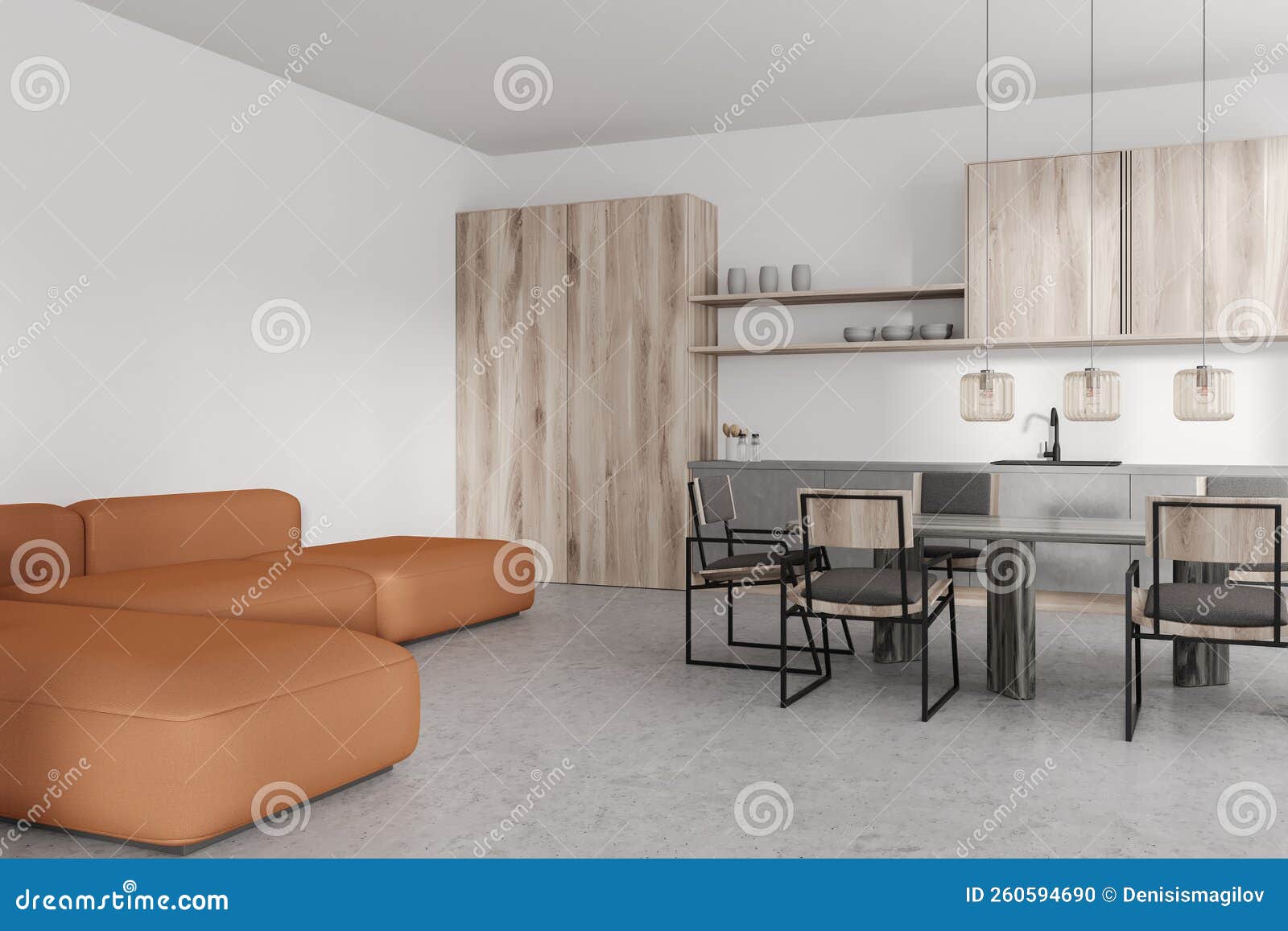 Light Studio Interior with Couch and Dining Area, Cooking Area with ...