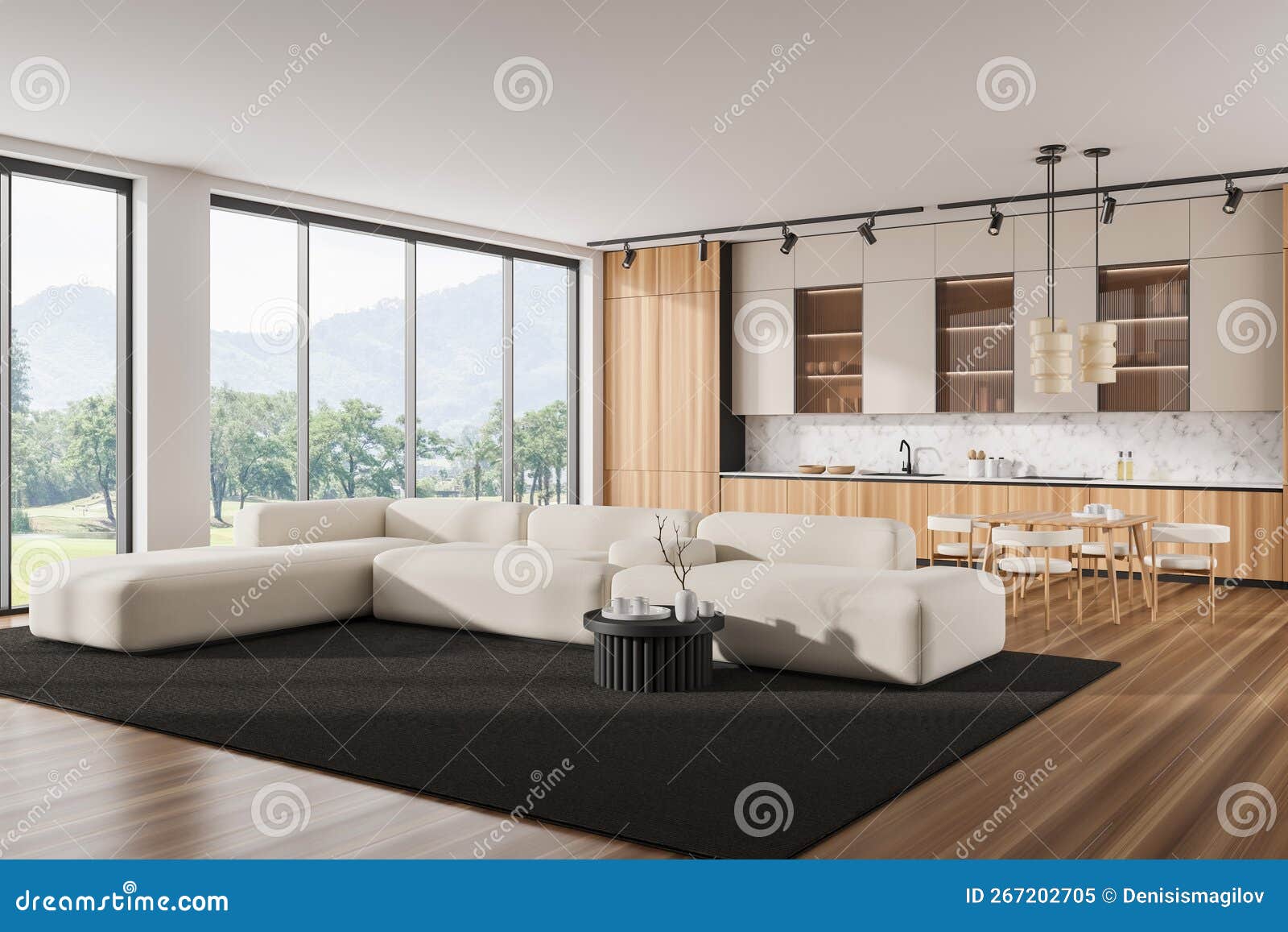 Light Studio Interior with Relaxing and Eating Area with Kitchenware ...